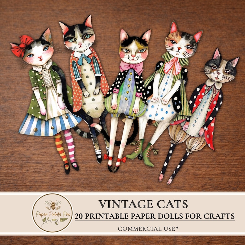 Printable Paper Dolls – 20 Polka Dot Cat Characters for Junk Journals ...
