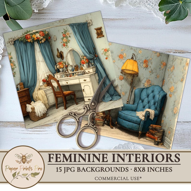 Vintage Paper Doll Backgrounds: Shabby Chic Interior Scenes (8x8" JPG ...