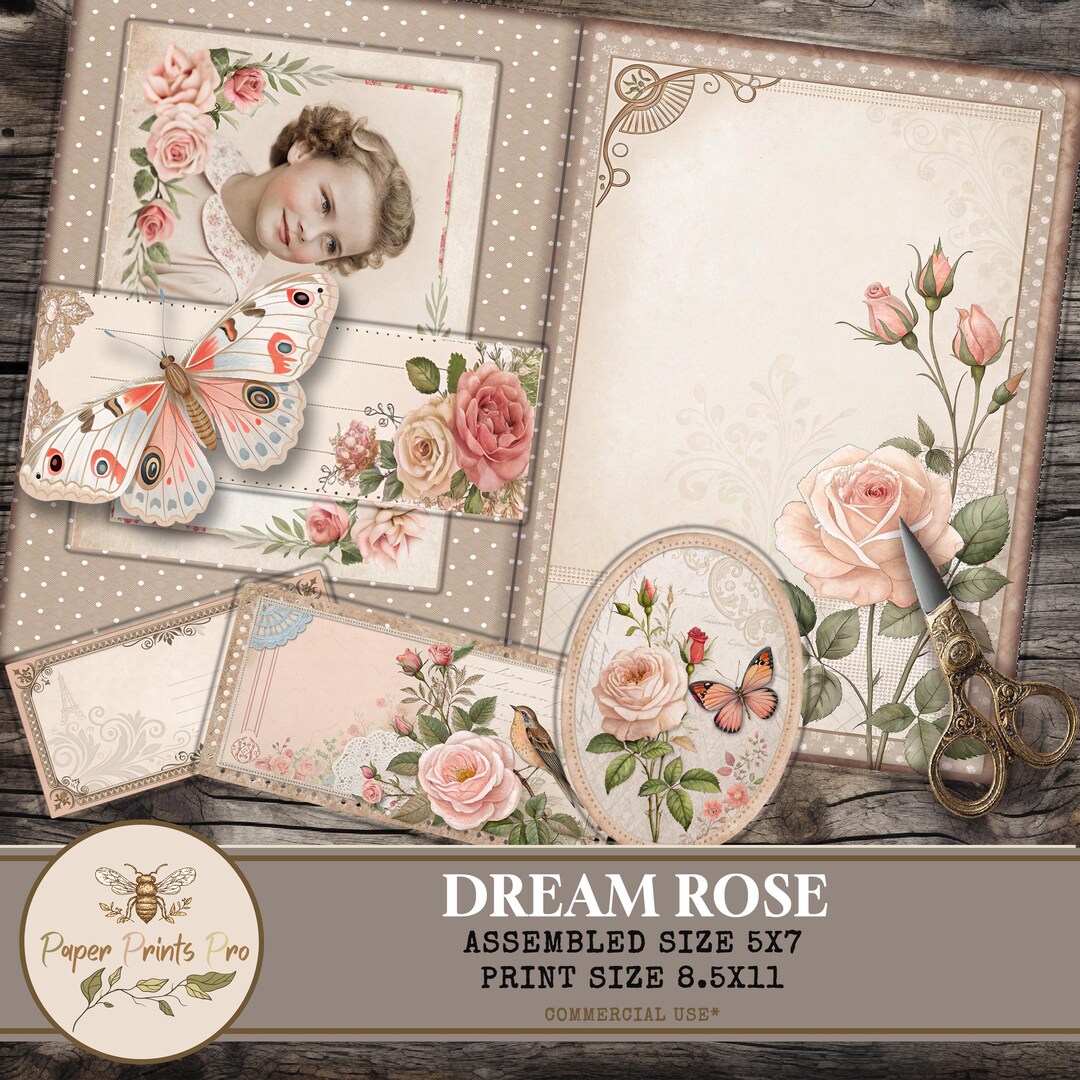 Vintage Rose Journal Kit - Printable Junk Journal Set 5x7, Soft Floral ...