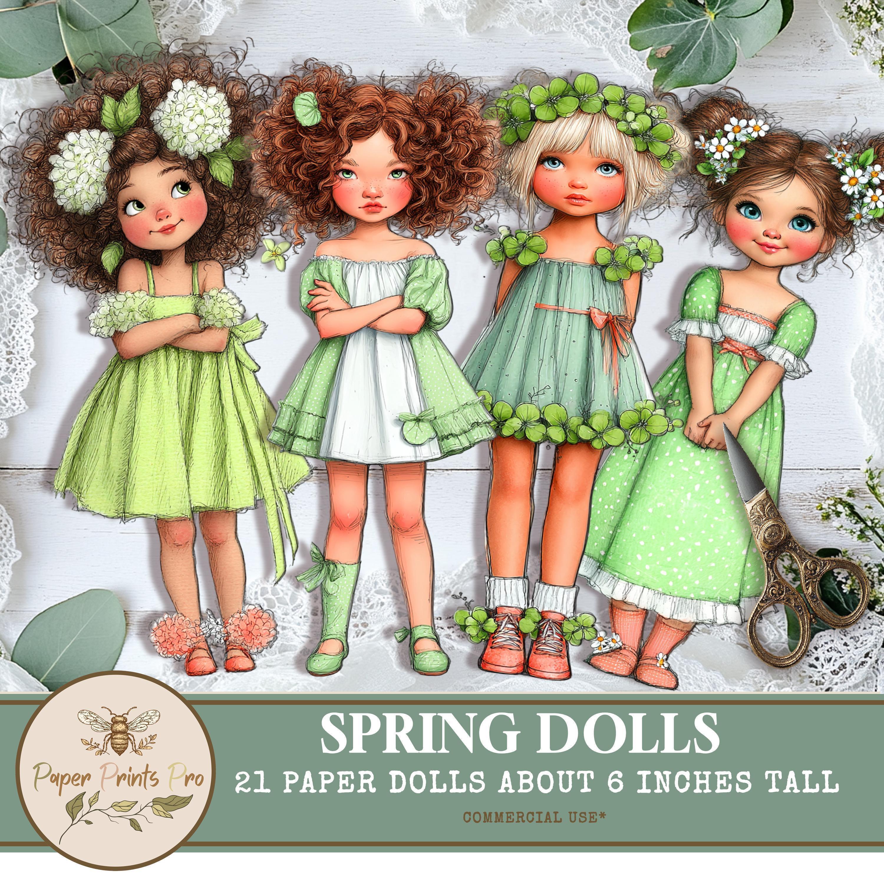 Printable Paper Dolls, Green Dress Girls, Spring Clipart for Junk ...