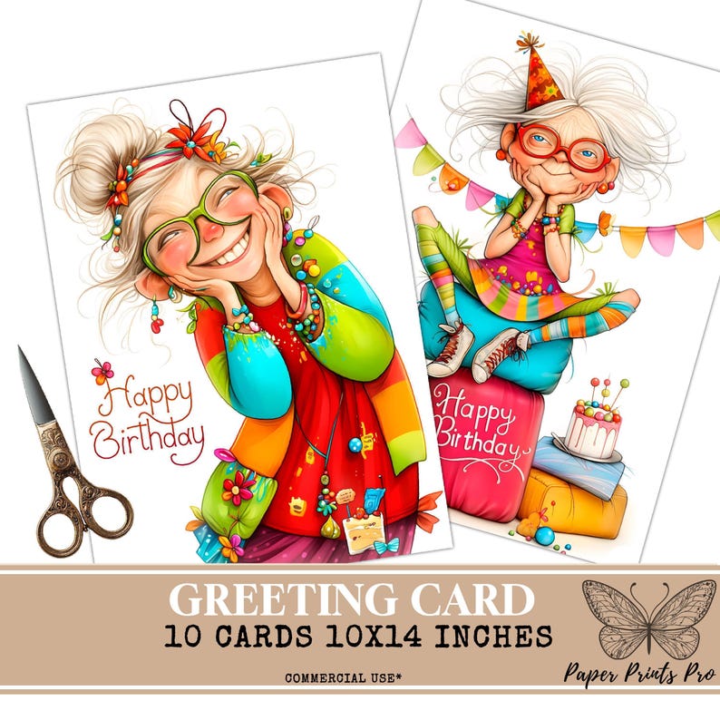 Printable Birthday Clipart – 10 Quirky Cake and Grandma Illustrations ...
