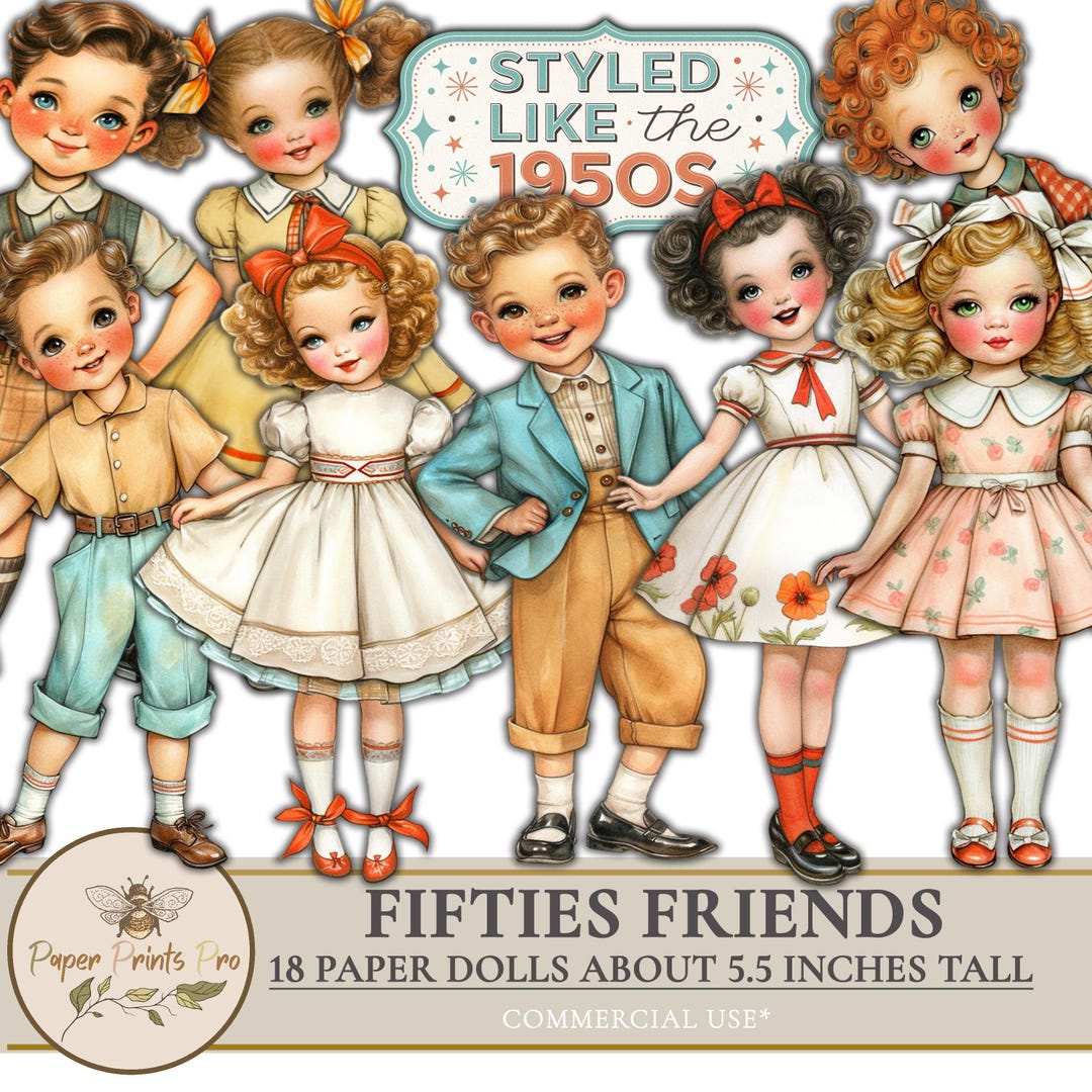 1950s Paper Dolls: Retro Ephemera, 18 Children Cutouts for Junk Journal ...