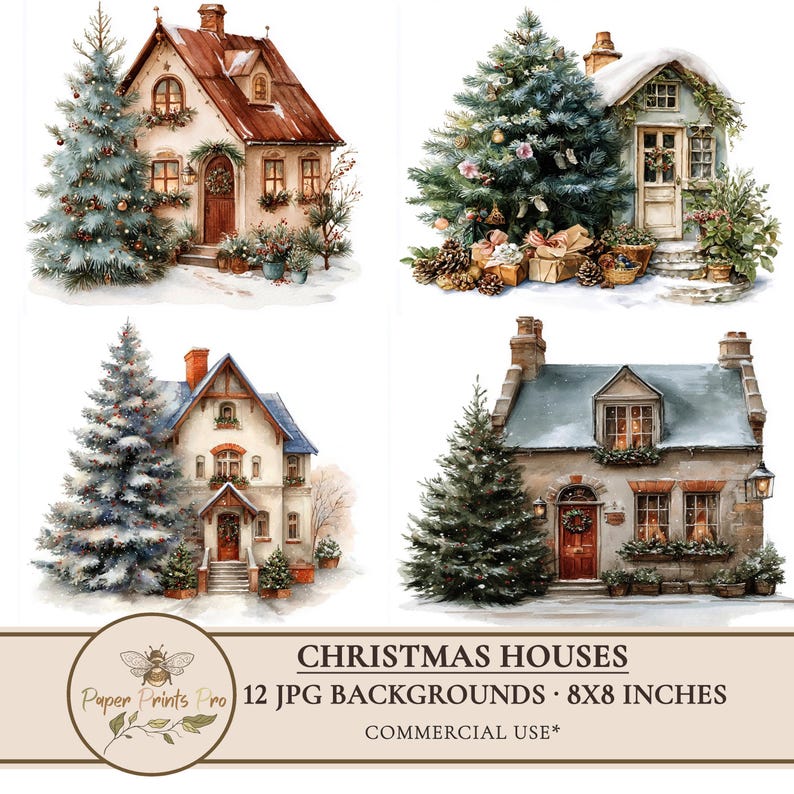 Christmas Houses Printable Backgrounds, Holiday Journal Supplies ...
