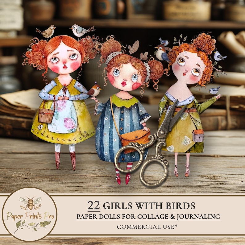 Printable Paper Dolls – 22 Girls With Birds Clipart – Ephemera for Junk ...