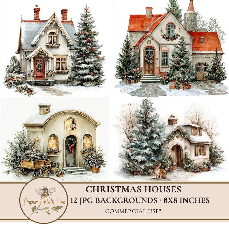 Christmas Houses Printable Backgrounds, Holiday Journal Supplies ...