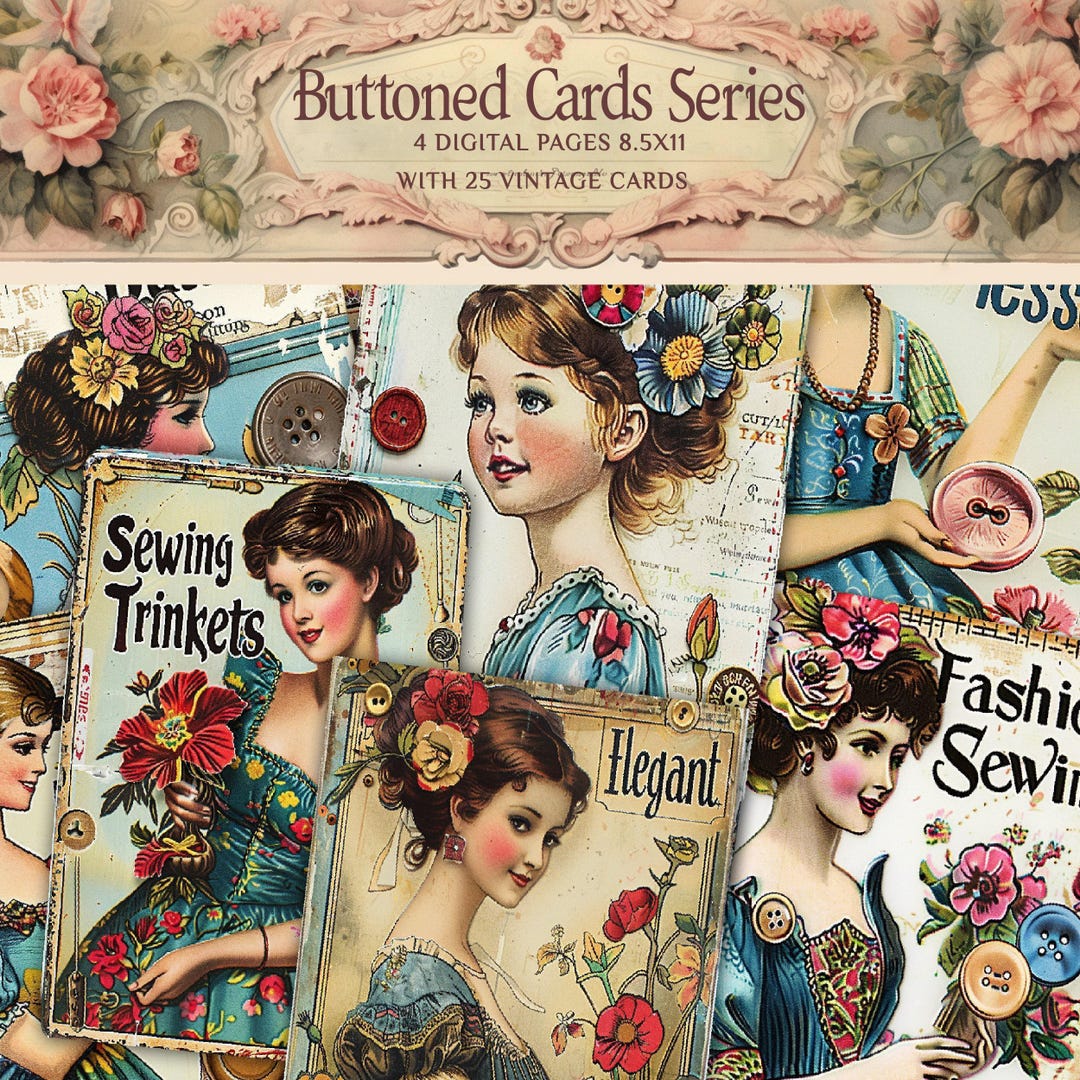 Vintage Ladies Button Cards Ephemera Pack – Printable Journal and ...