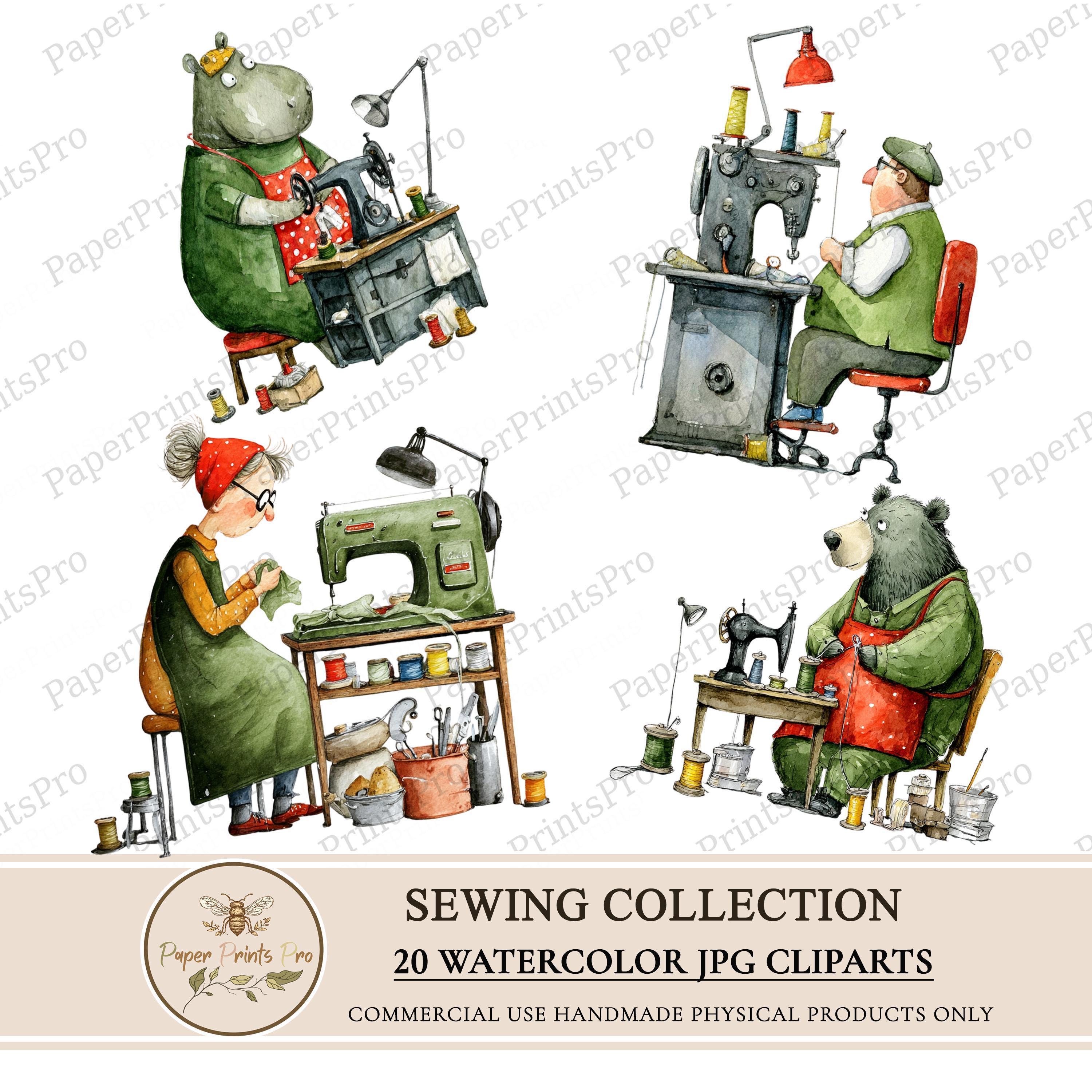 Watercolor Clipart – Sewing Characters & Sewing Machines for Paper ...