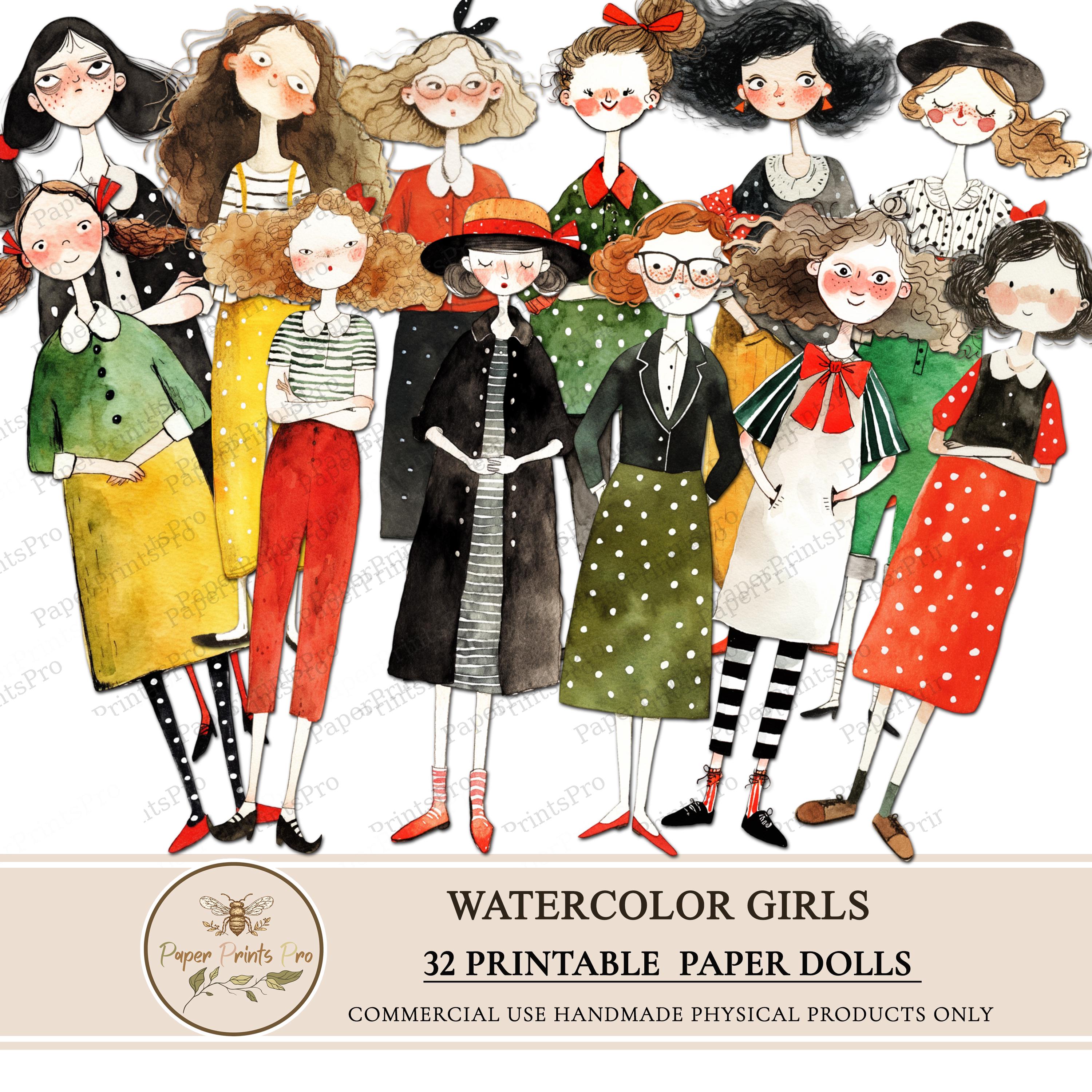Paper Dolls Printable – Watercolor Girl Illustration Clipart for Crafts ...