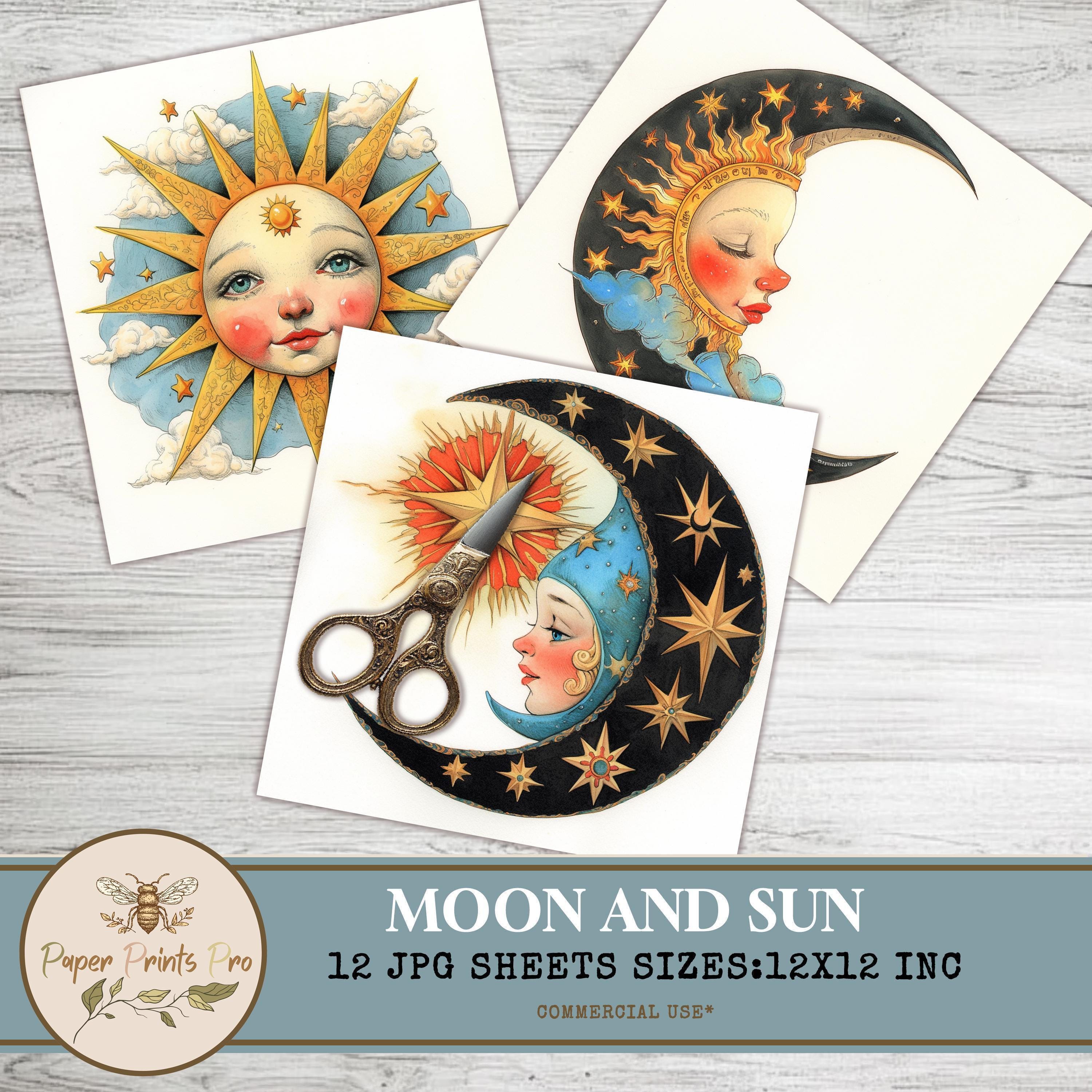 Vintage Sun and Moon Clipart - 12 Digital JPG for Scrapbooking, Junk ...