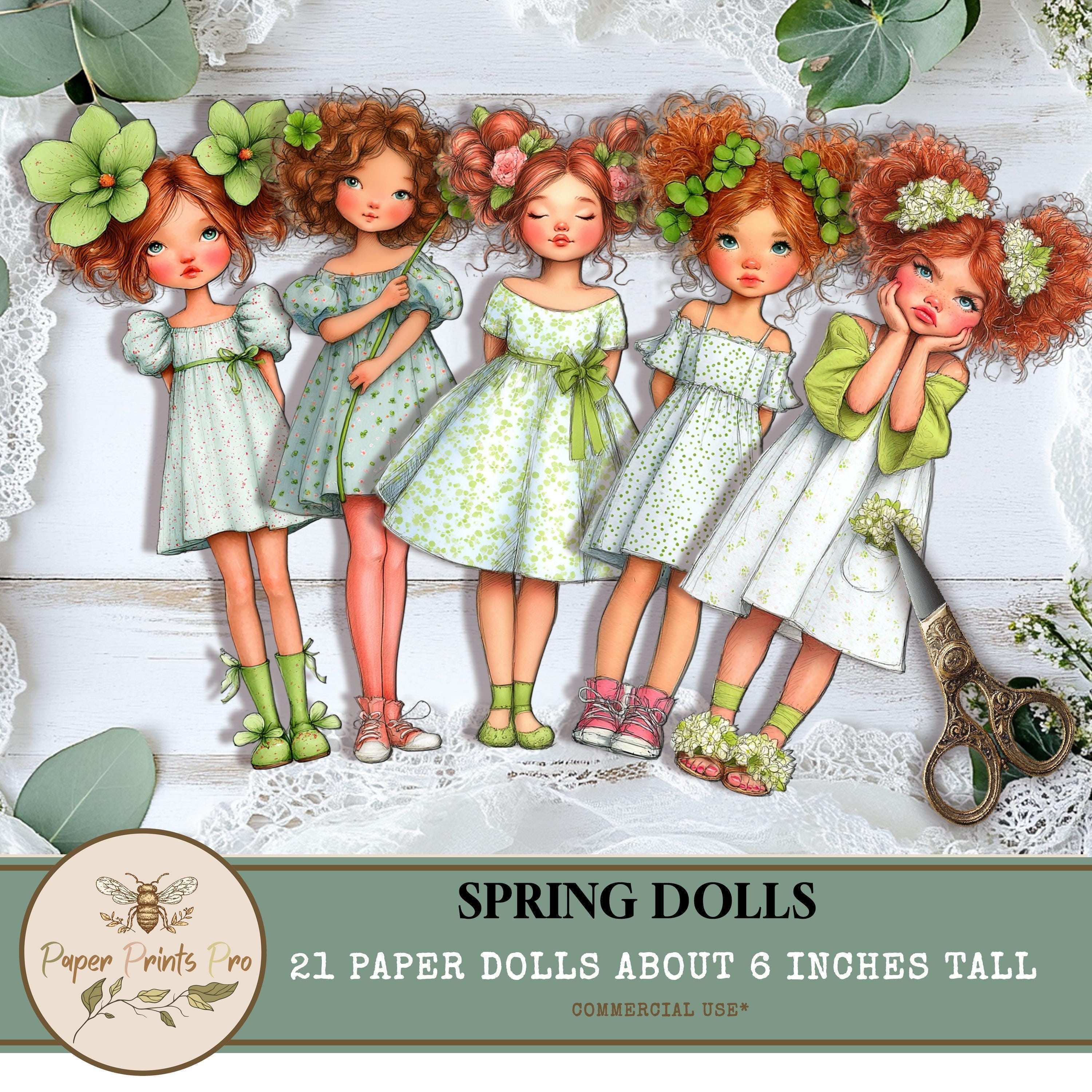 Printable Paper Dolls, Green Dress Girls, Spring Clipart for Junk ...