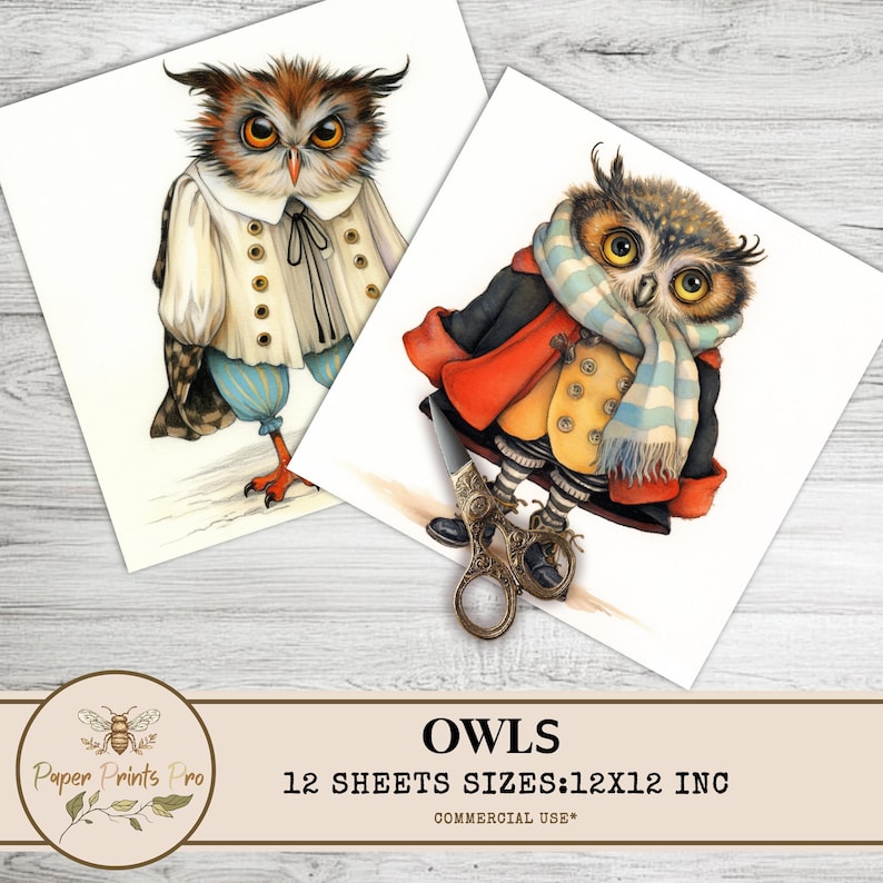 Vintage Owls Clipart JPG - 12 Digital Papers for Scrapbooking & Crafts ...