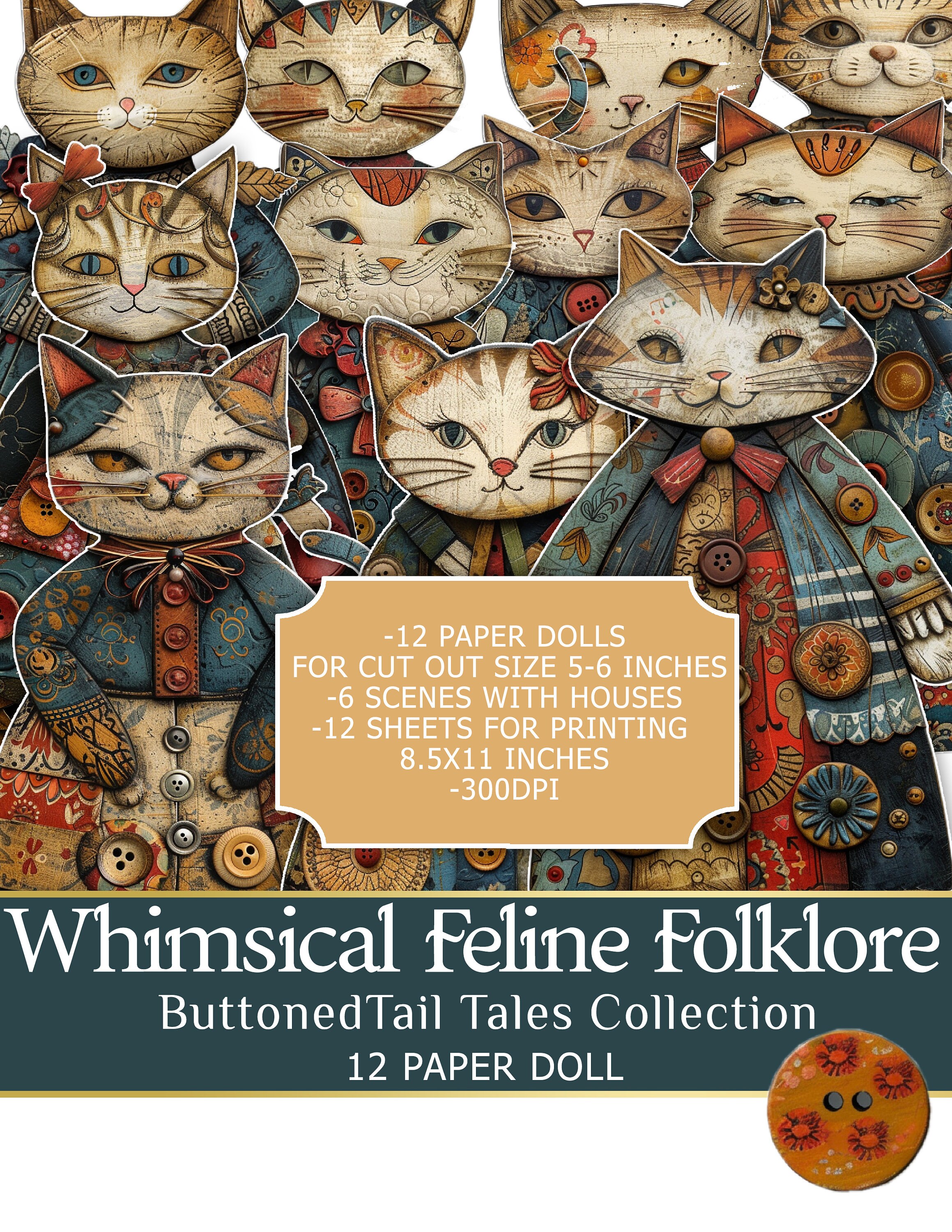 Whimsical Cat Paper Doll Kit Animal Printable Craft for Kids Paperdols ...