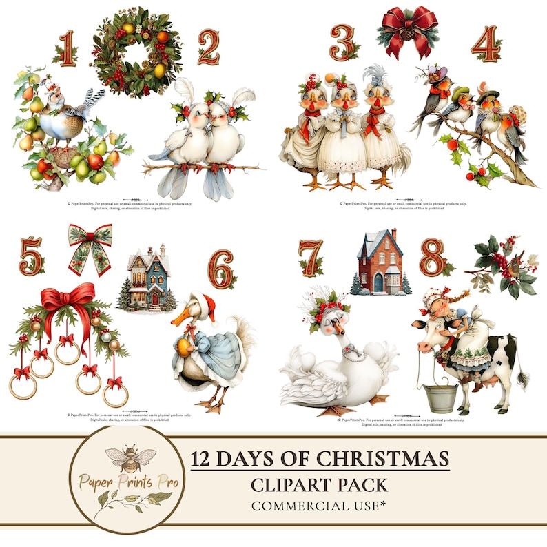 12 Days of Christmas Clipart PNG, Printable Tags Cards Baubles ...