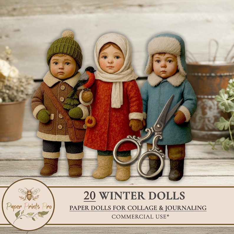 Paper Dolls Printable – Vintage Christmas Winter Children Ephemera for ...