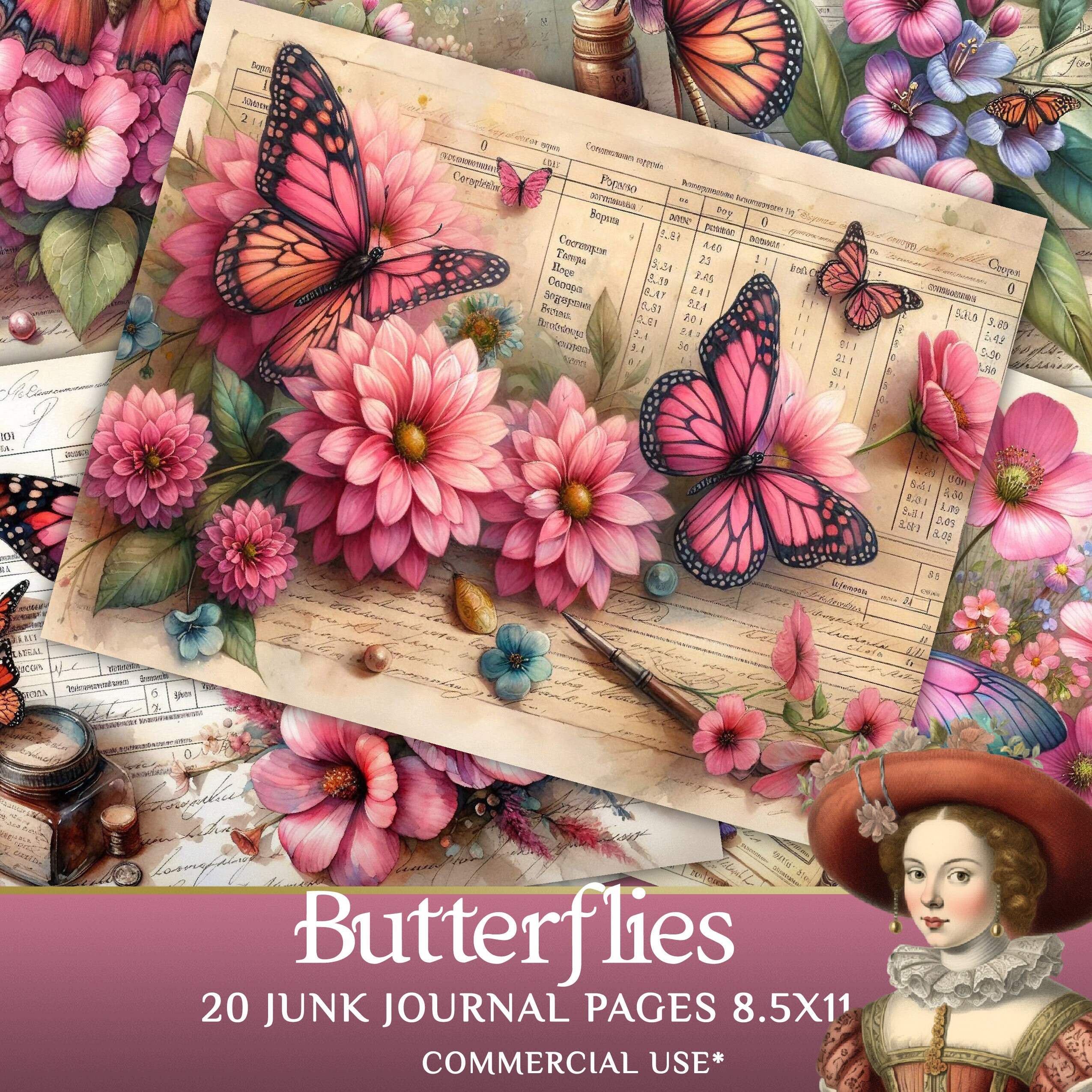 Beautiful Butterflies & Flowers Junk Journal Digital Pages Instant ...