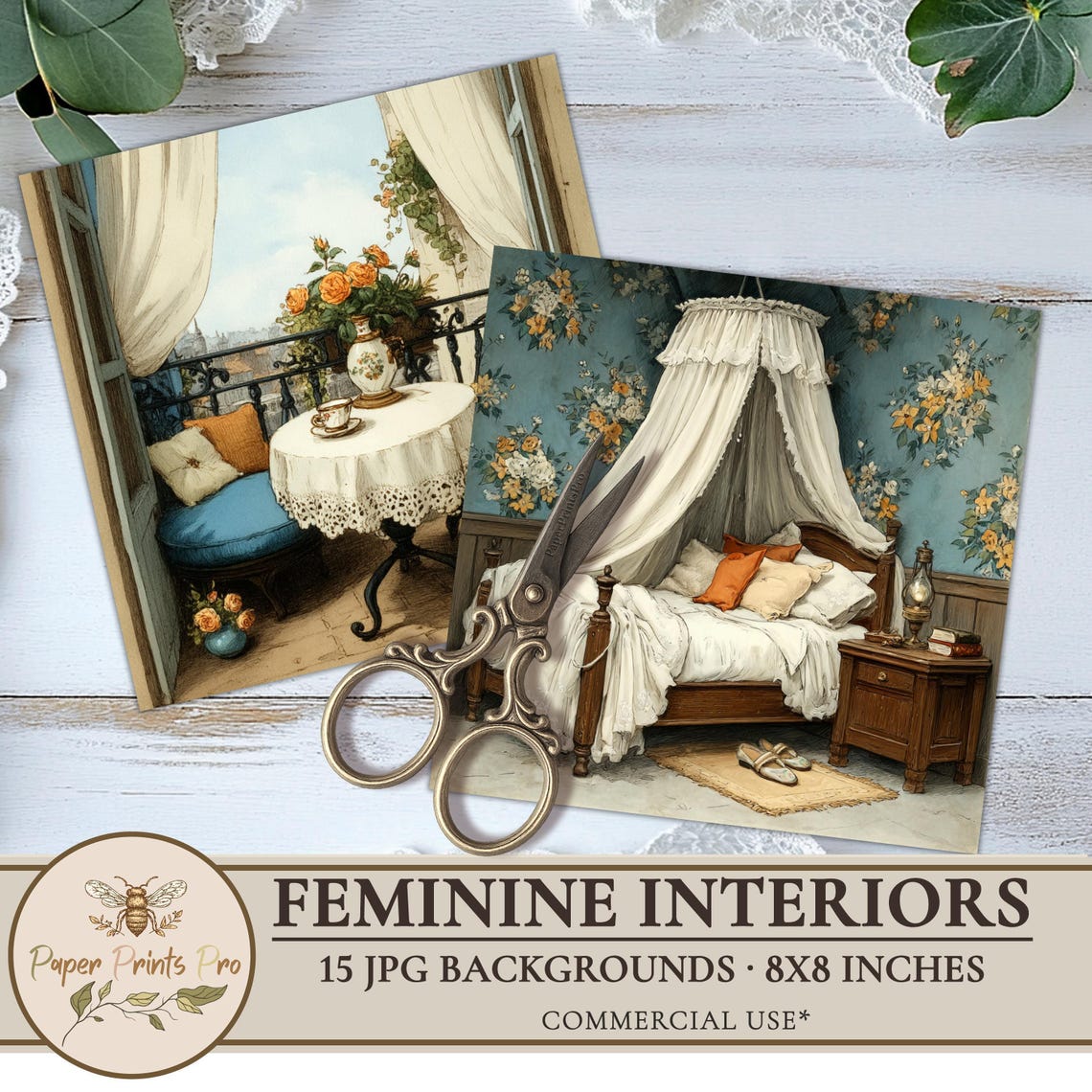 Vintage Paper Doll Backgrounds: Shabby Chic Interior Scenes (8x8" JPG ...