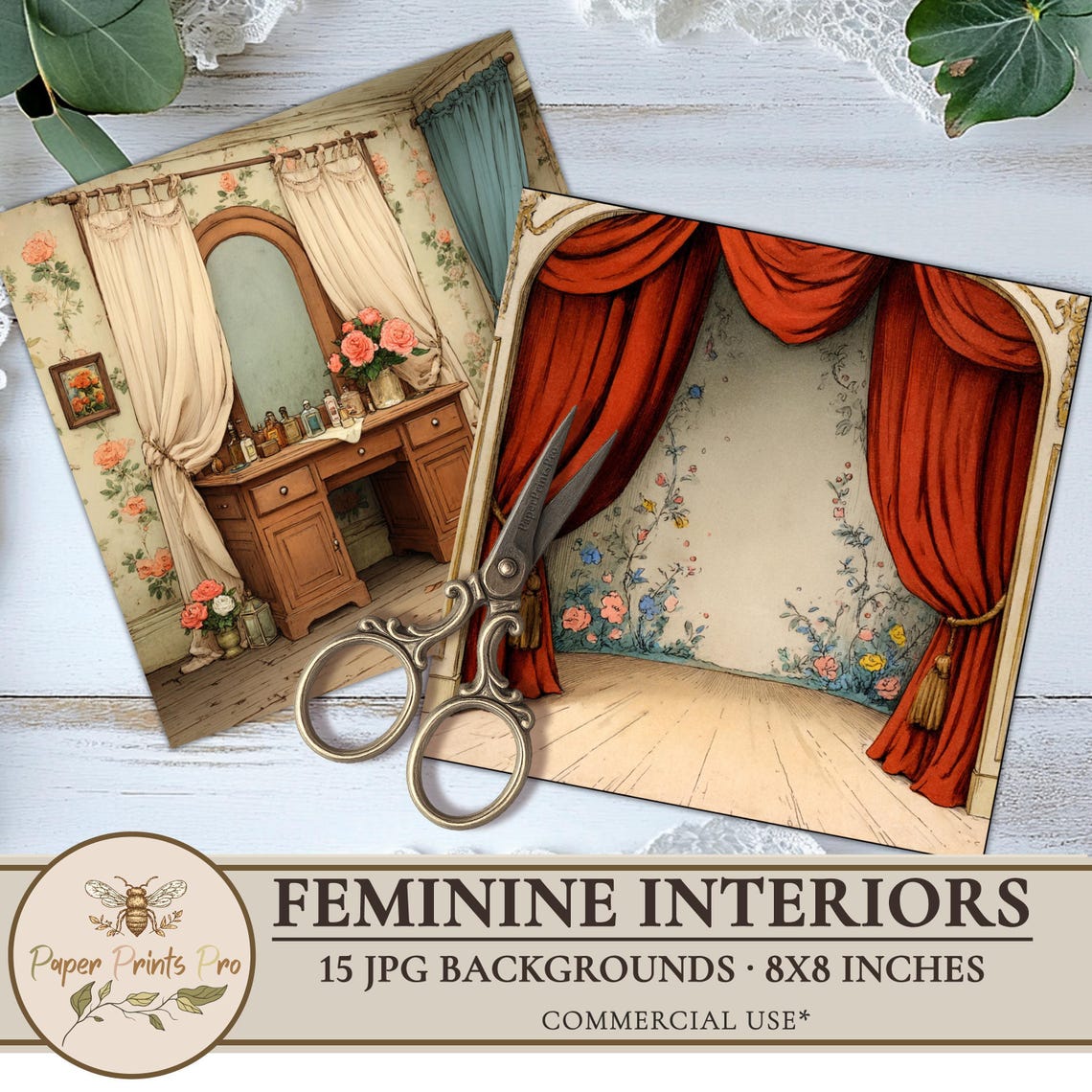Vintage Paper Doll Backgrounds: Shabby Chic Interior Scenes (8x8" JPG ...
