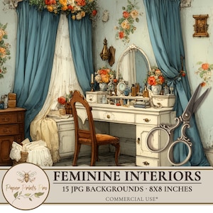 Vintage Paper Doll Backgrounds: Shabby Chic Interior Scenes (8x8" JPG ...