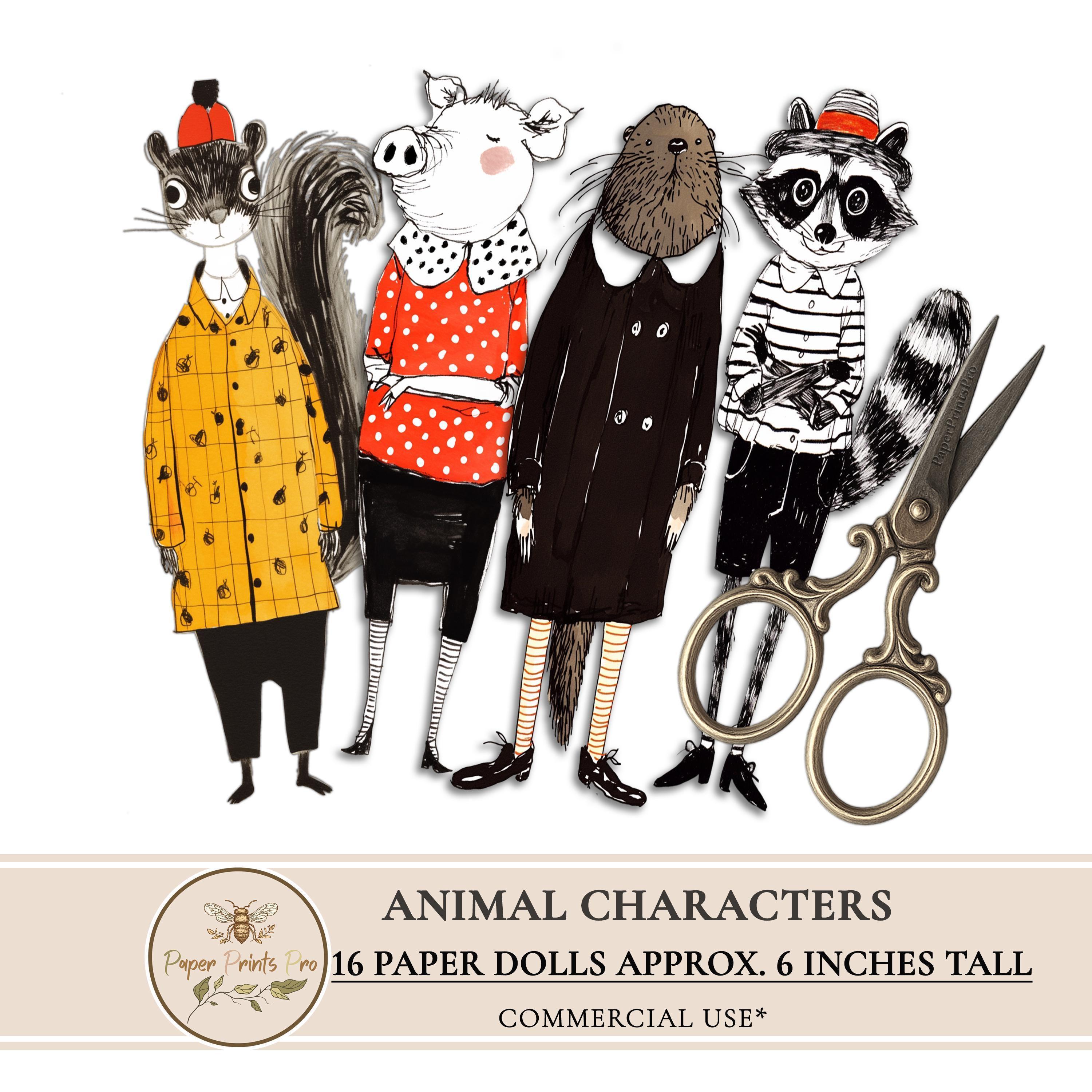 Printable Paper Dolls Animal Characters Whimsical Illustrated ...