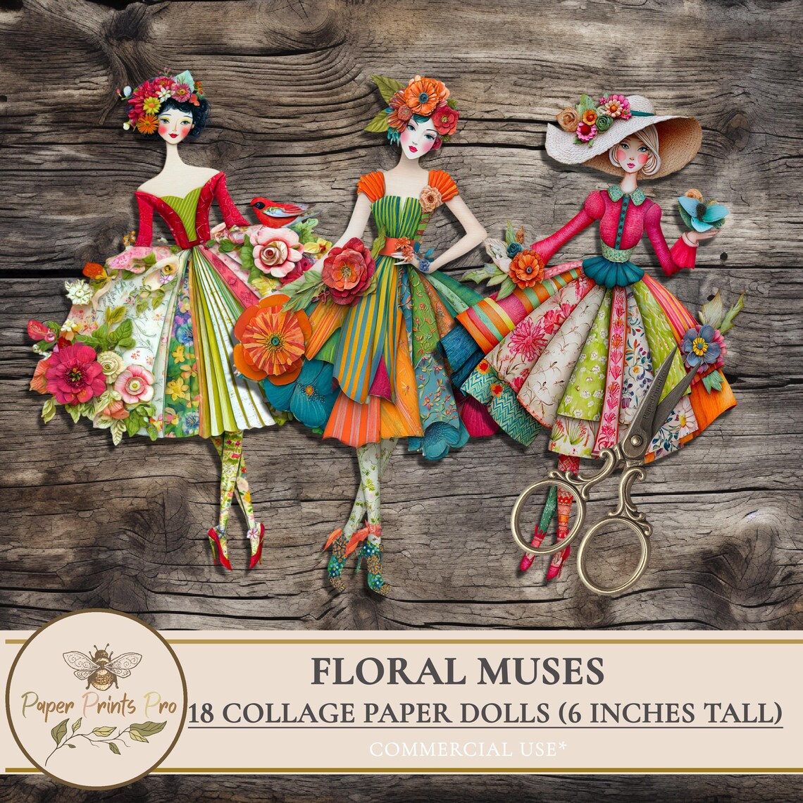 Printable Paper Dolls in Floral Dresses for Collage, Journals, Cards ...