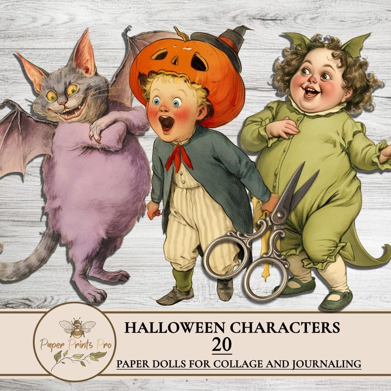 Halloween Paper Dolls Ephemera Kit With Ghosts, Witches, Pumpkin Heads ...