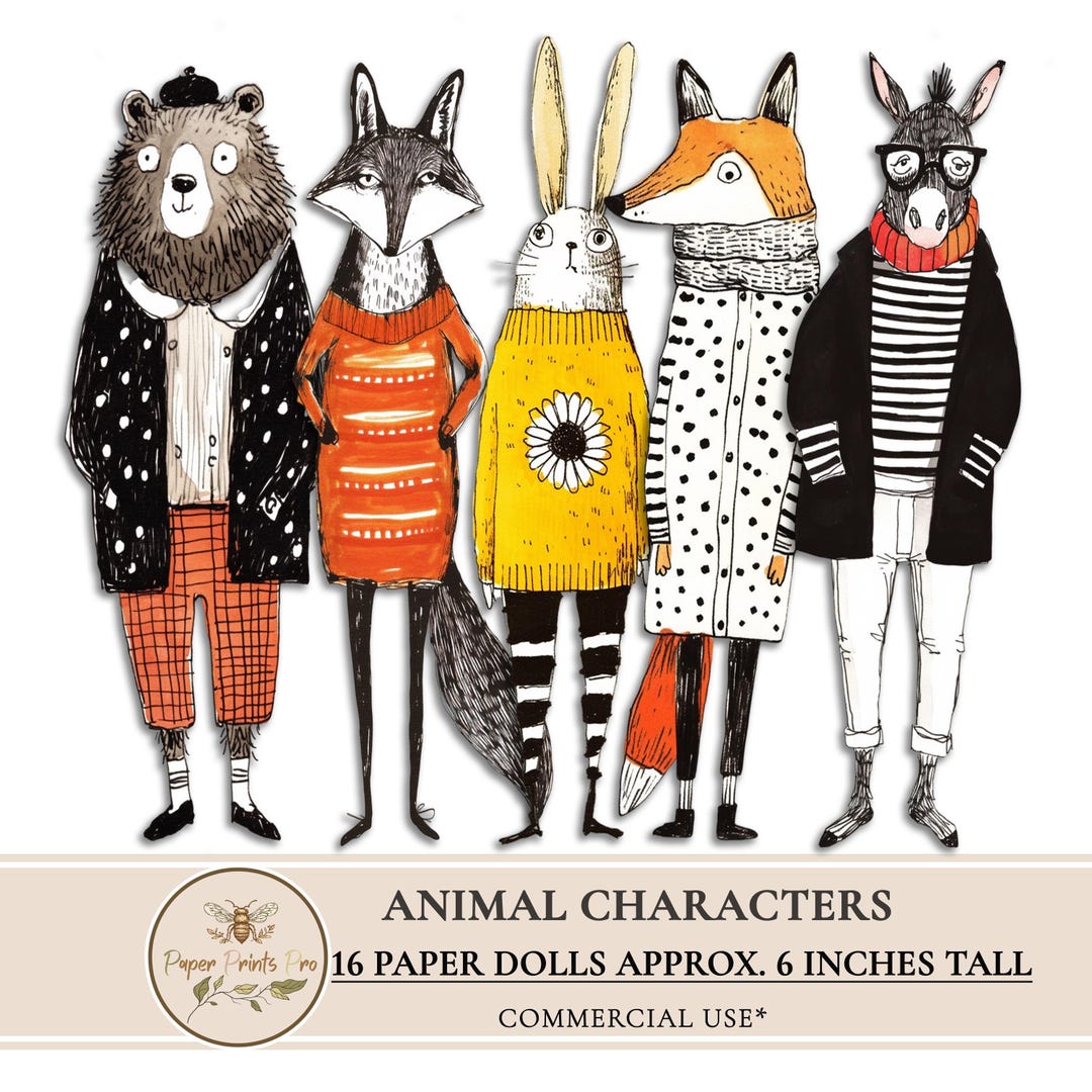 Printable Paper Dolls Animal Characters Whimsical Illustrated ...