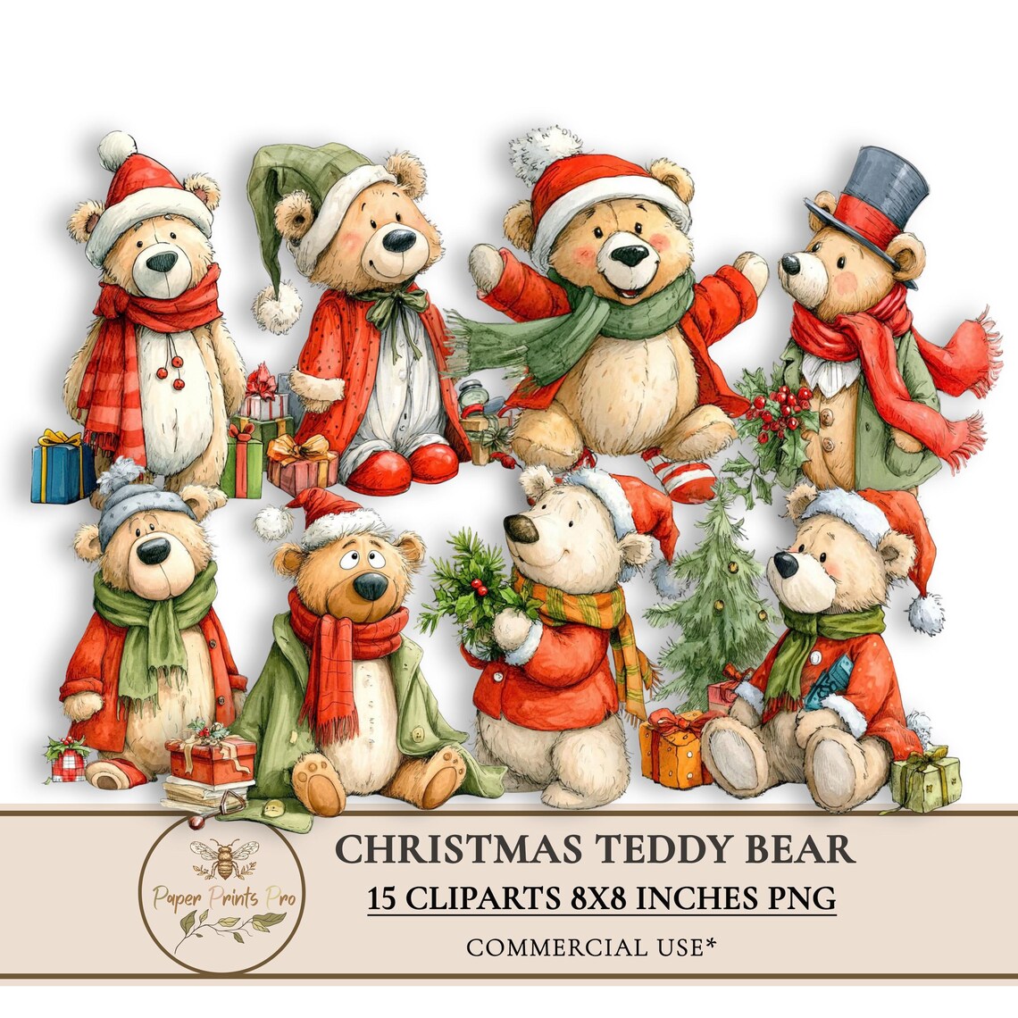 Christmas Teddy Bear Clipart – Printable PNG, Sublimation Transfer ...