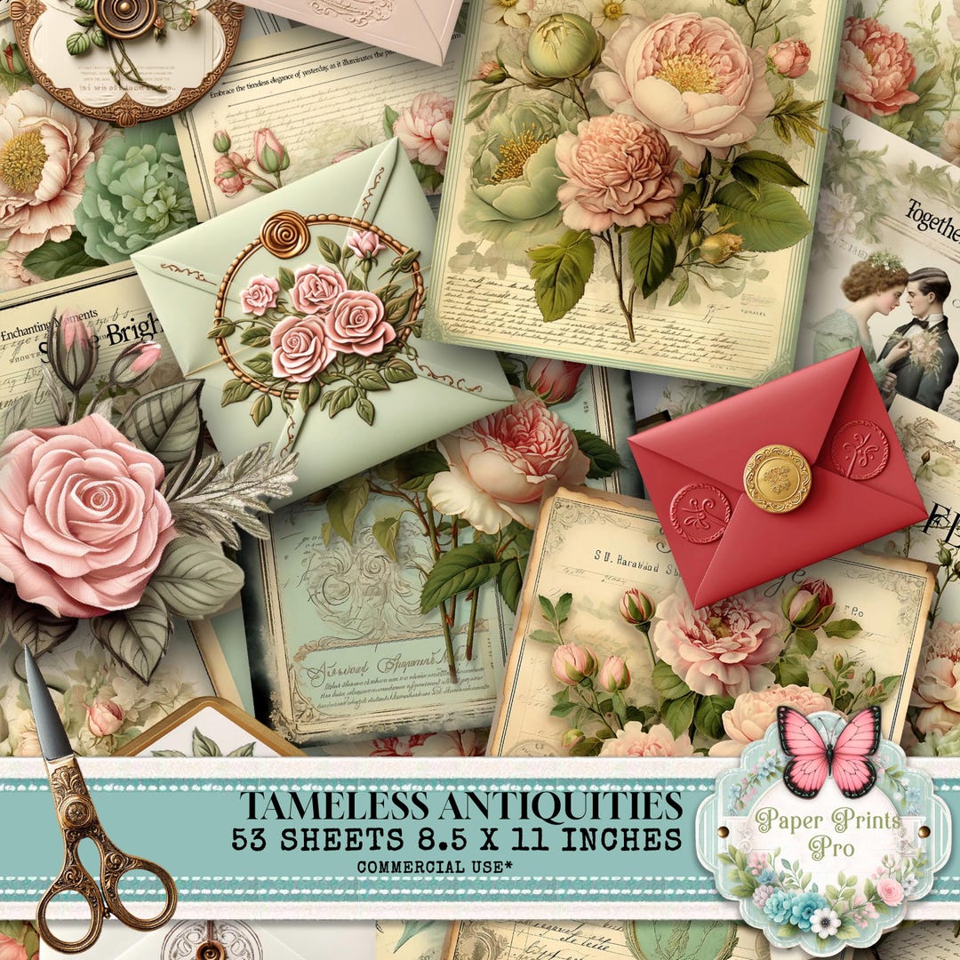 Vintage Junk Journal Kit Floral Ephemera, Envelopes, and Labels Digital ...