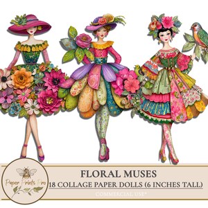 Printable Paper Dolls in Floral Dresses for Collage, Journals, Cards ...