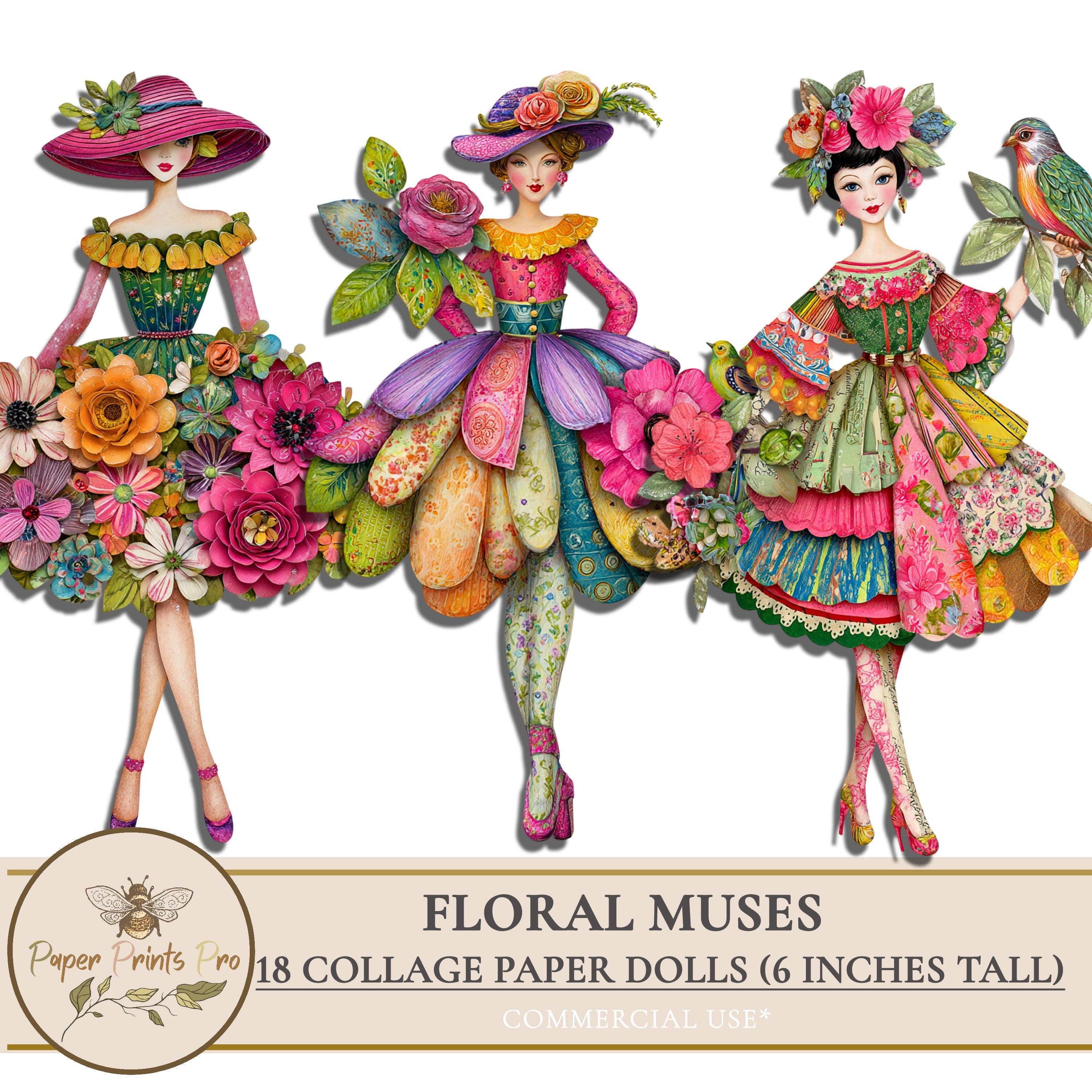 Printable Paper Dolls in Floral Dresses for Collage, Journals, Cards ...