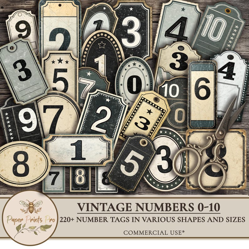 Printable Vintage Number Tags – Grunge Ephemera Labels in Black and ...