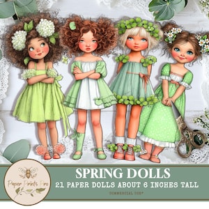 Printable Paper Dolls, Green Dress Girls, Spring Clipart for Junk ...