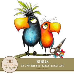 Birds Clipart PNG – Quirky Whimsical Birds on Wire, Funny Cartoon Bird ...