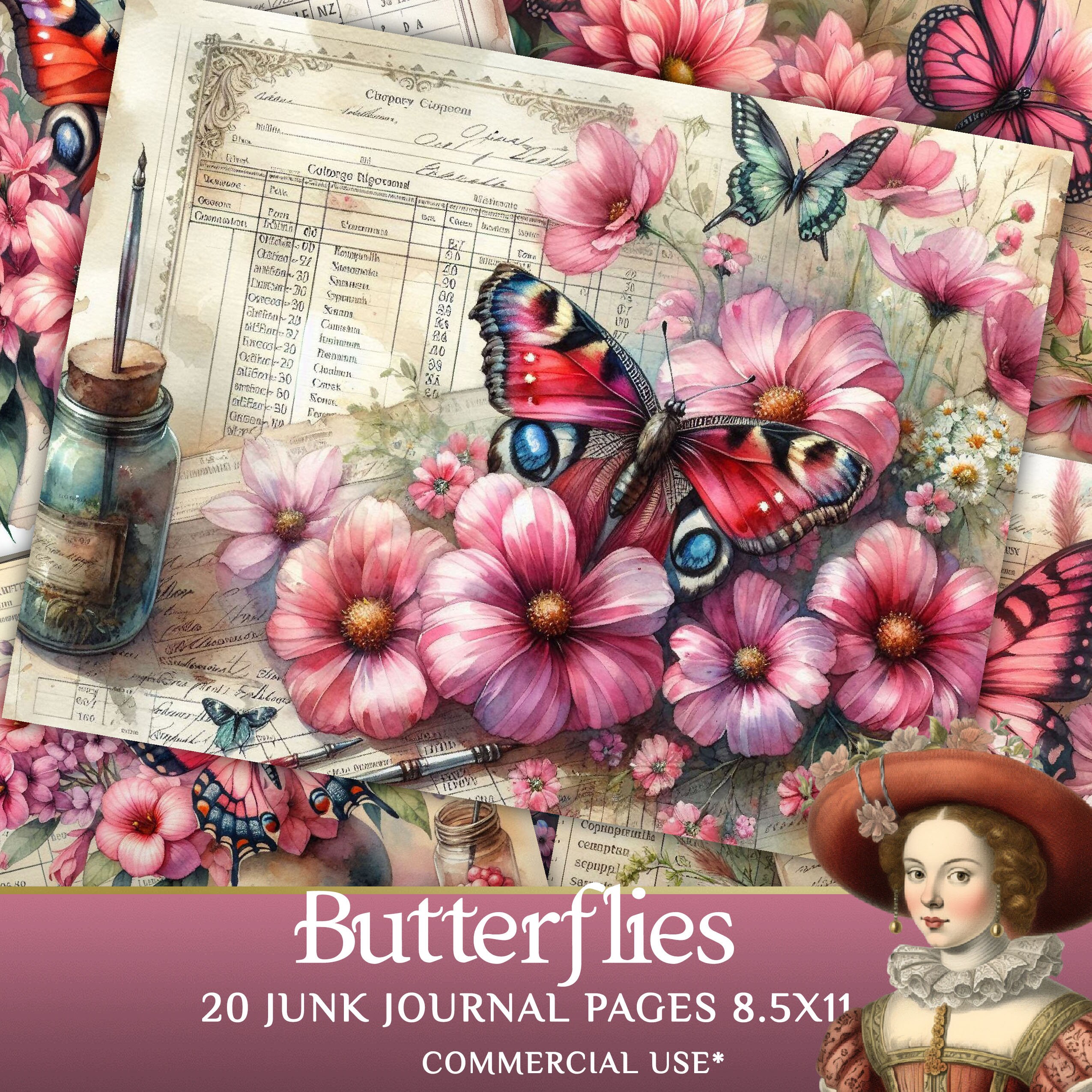 Beautiful Butterflies & Flowers Junk Journal Digital Pages Instant ...