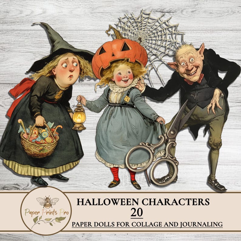 Halloween Paper Dolls Ephemera Kit With Ghosts, Witches, Pumpkin Heads ...