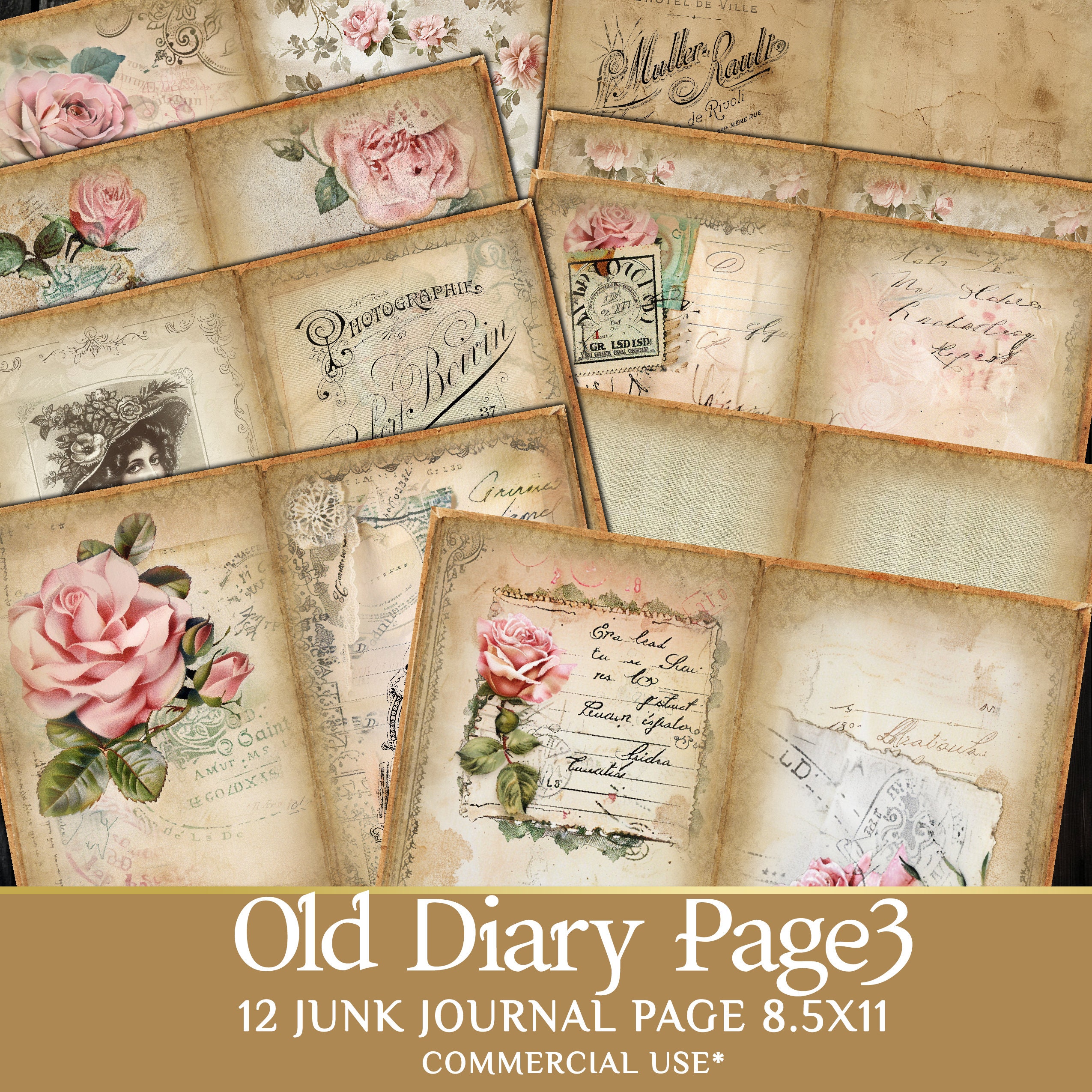 Digital Junk Journal Pages 12 Old Paper Ephemera Kit for Vintage Diary ...