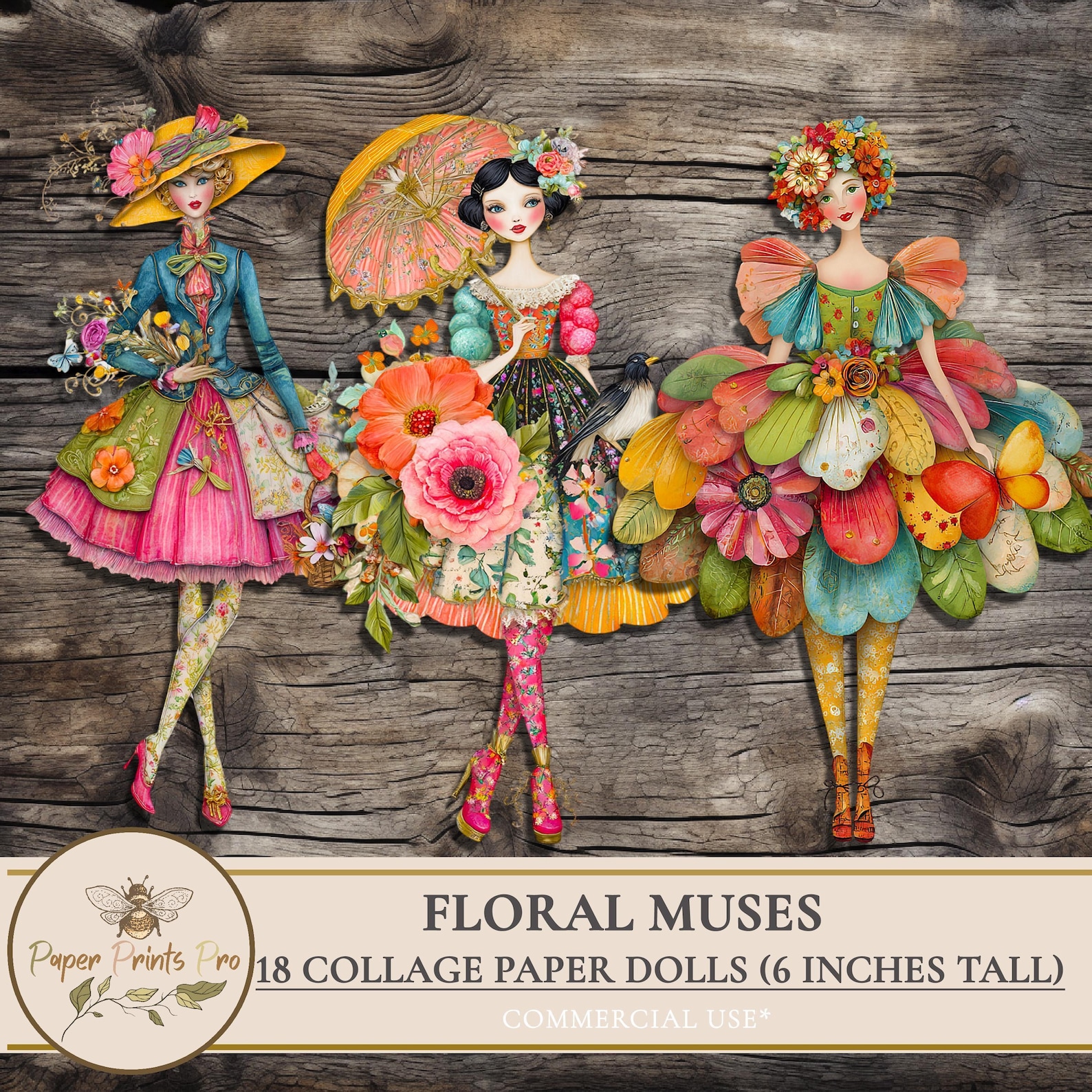 Printable Paper Dolls in Floral Dresses for Collage, Journals, Cards ...