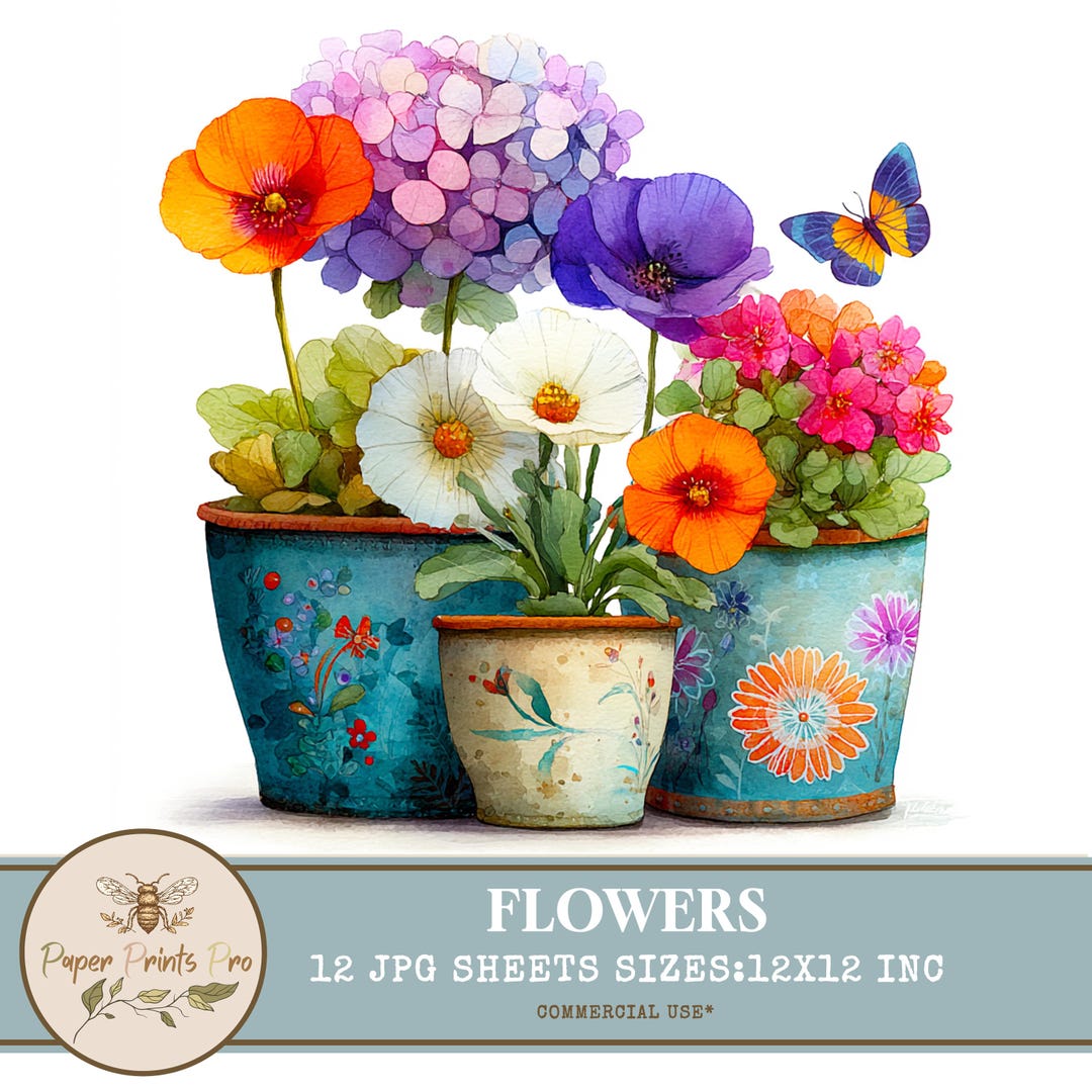 Watercolor Flower Pot Clipart, Summer Floral Printable Paper, Garden ...