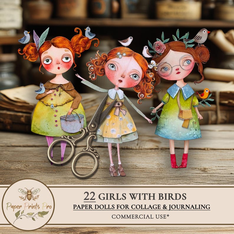 Printable Paper Dolls – 22 Girls With Birds Clipart – Ephemera for Junk ...