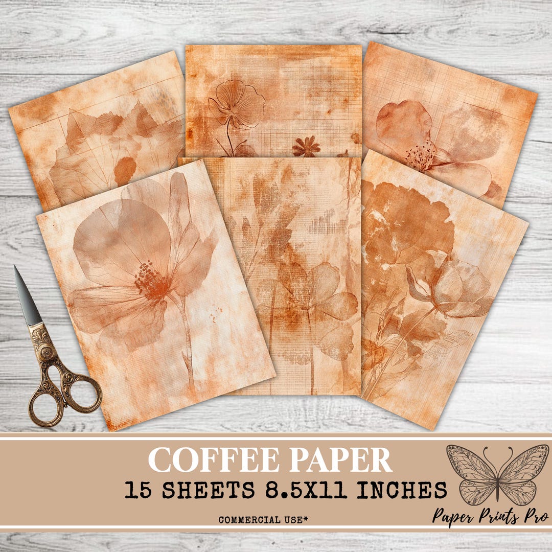 Old Coffee Paper Textures With Flowers – 15 Printable Pages for Junk ...