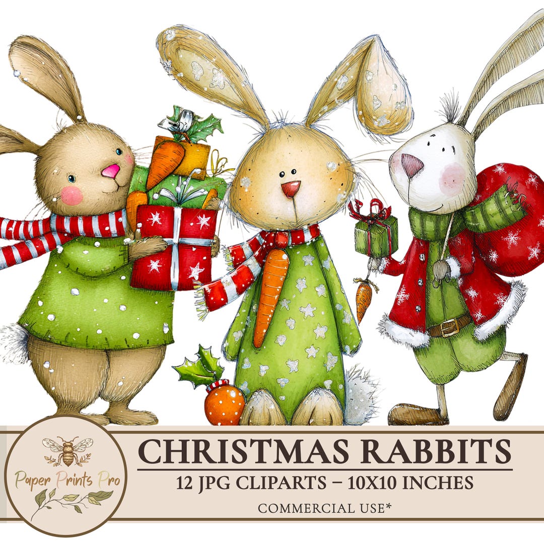 Christmas Clipart Rabbits Set, Printable Vintage Artwork for Holiday ...