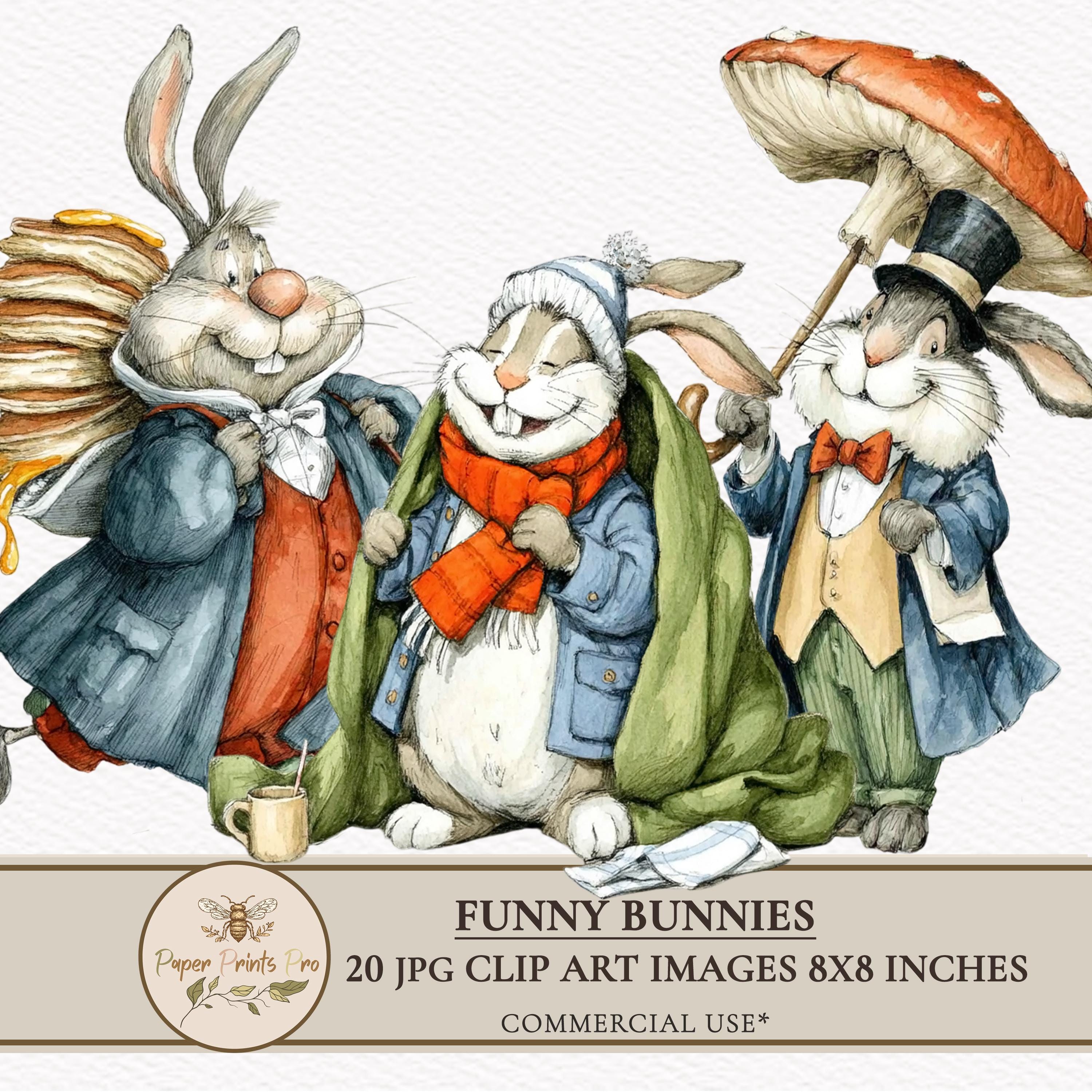 Funny Bunnies Clipart, Vintage Rabbit Printable, Whimsical Bunny Images ...