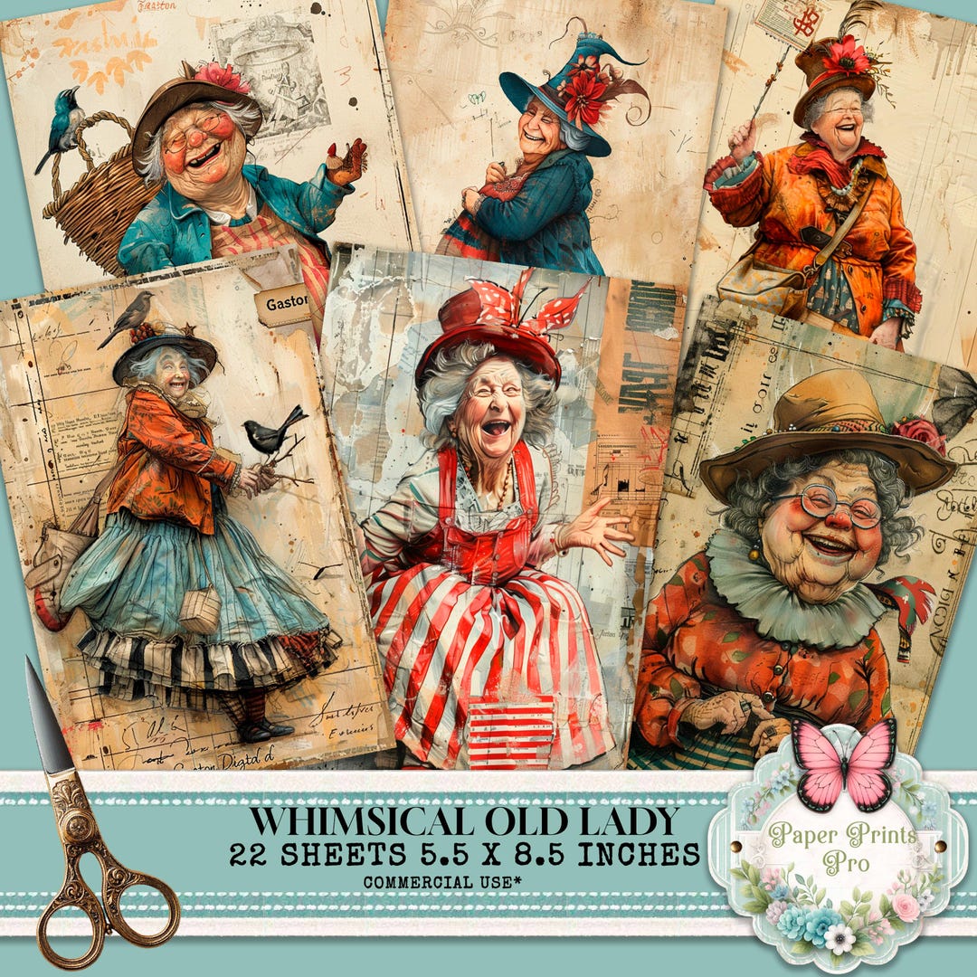 Whimsical Old Lady Journal Pages - 22 Half Page Funny Old Ladies ...