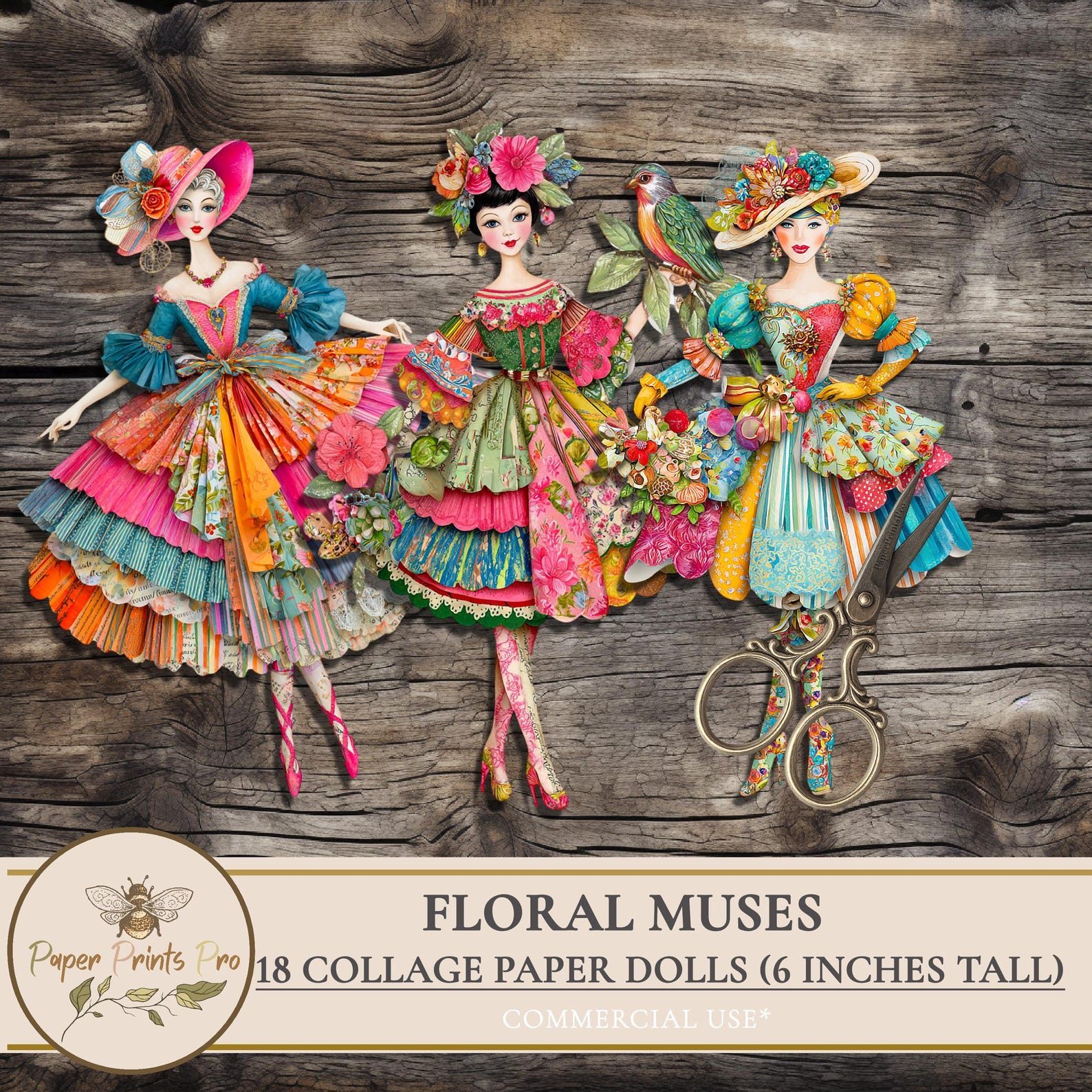 Printable Paper Dolls in Floral Dresses for Collage, Journals, Cards ...