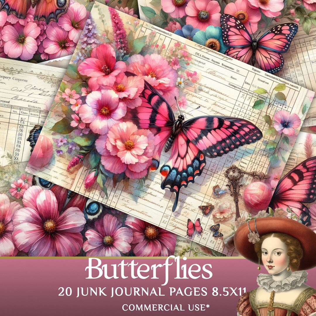 Beautiful Butterflies & Flowers Junk Journal Digital Pages Instant ...