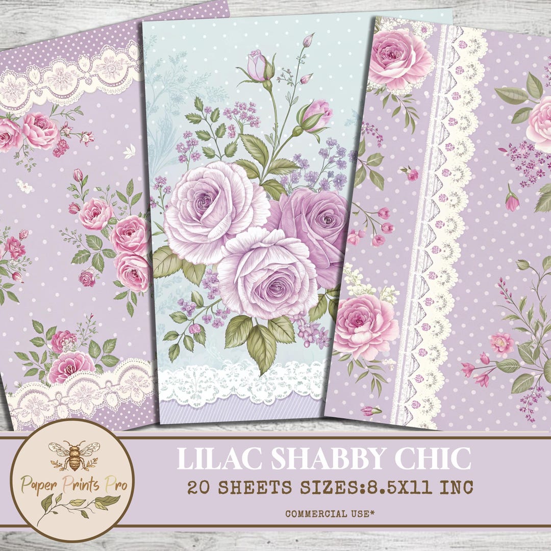 Lilac Shabby Chic Digital Paper - 20 Soft Vintage Printable Pages, Lace ...