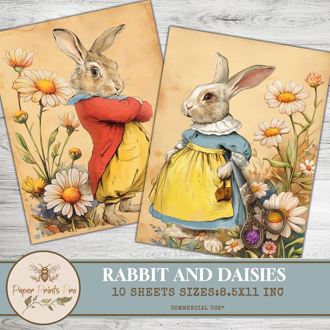 10 Vintage Rabbit Illustrations With Daisies for Scrapbooking, Junk ...