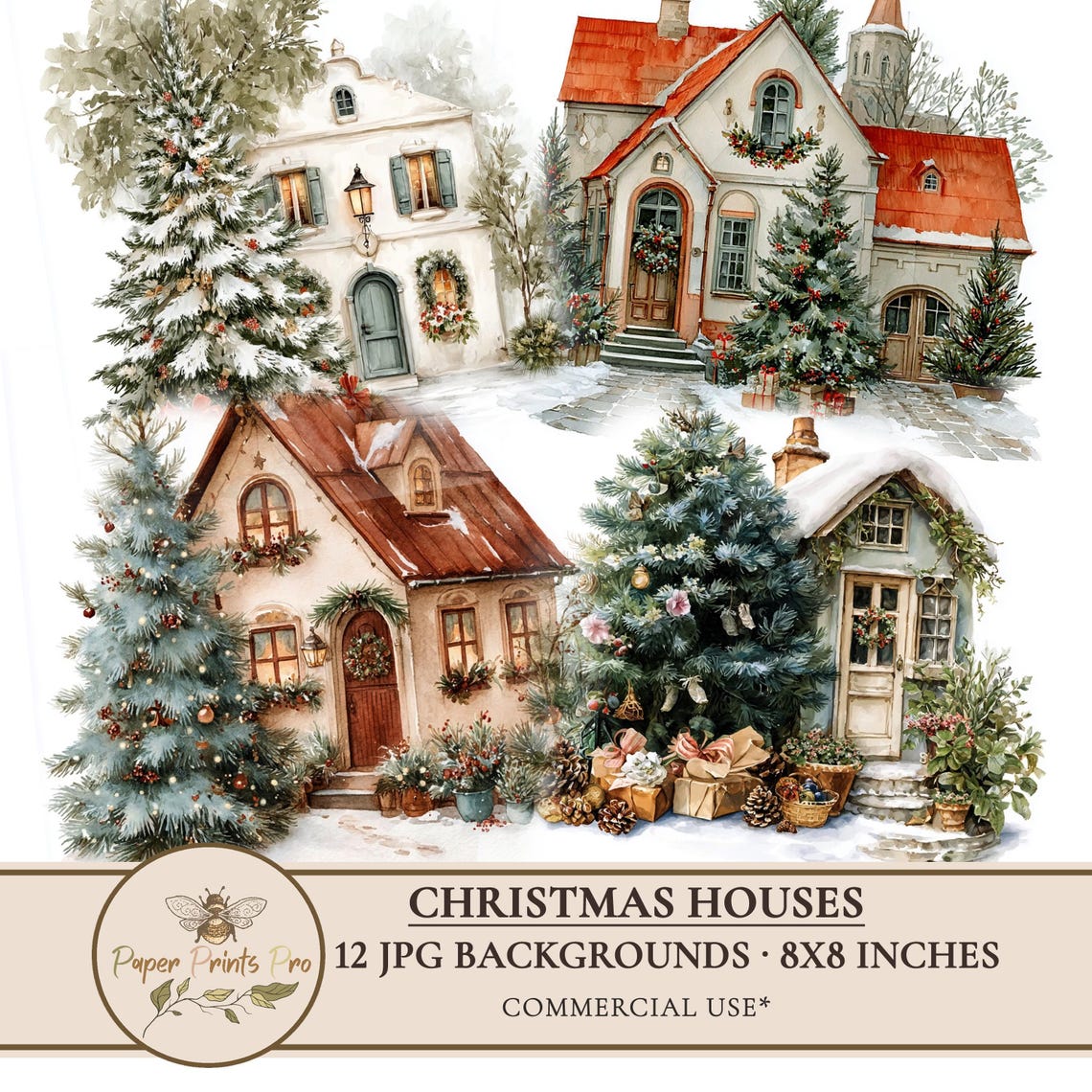 Christmas Houses Printable Backgrounds, Holiday Journal Supplies ...