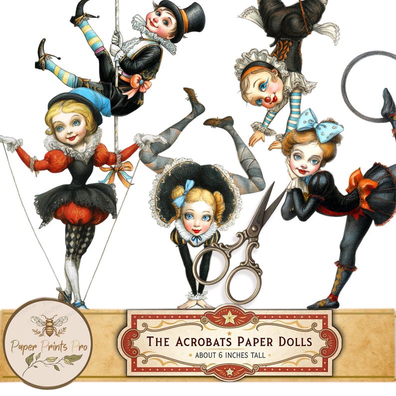Paper Dolls Circus Acrobats | Printable Ephemera Kit With Scenes for ...