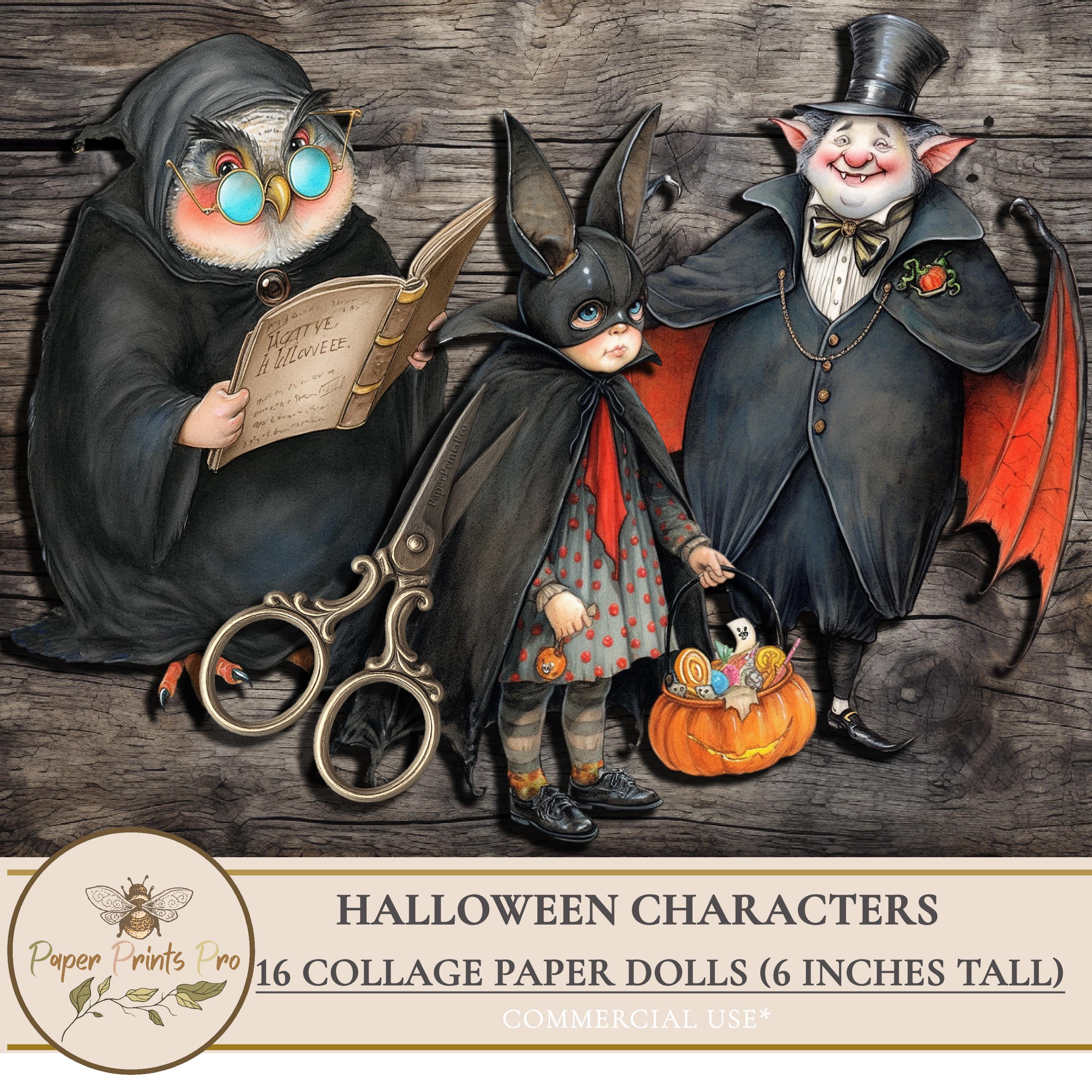 Vintage Halloween Paper Dolls: Collage Witches, Pumpkins, Skeletons ...